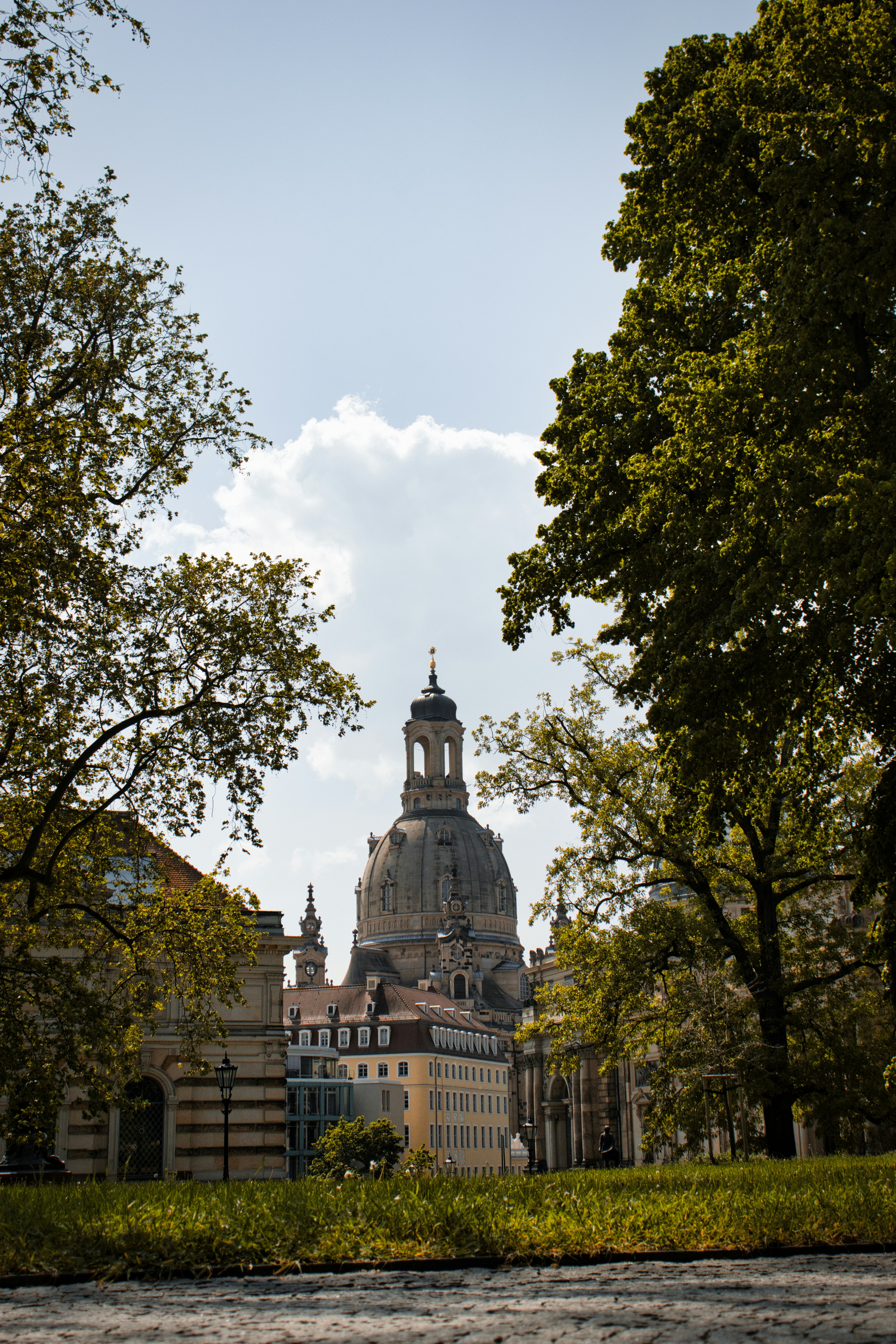 Historic church dome framed by green trees and grass.