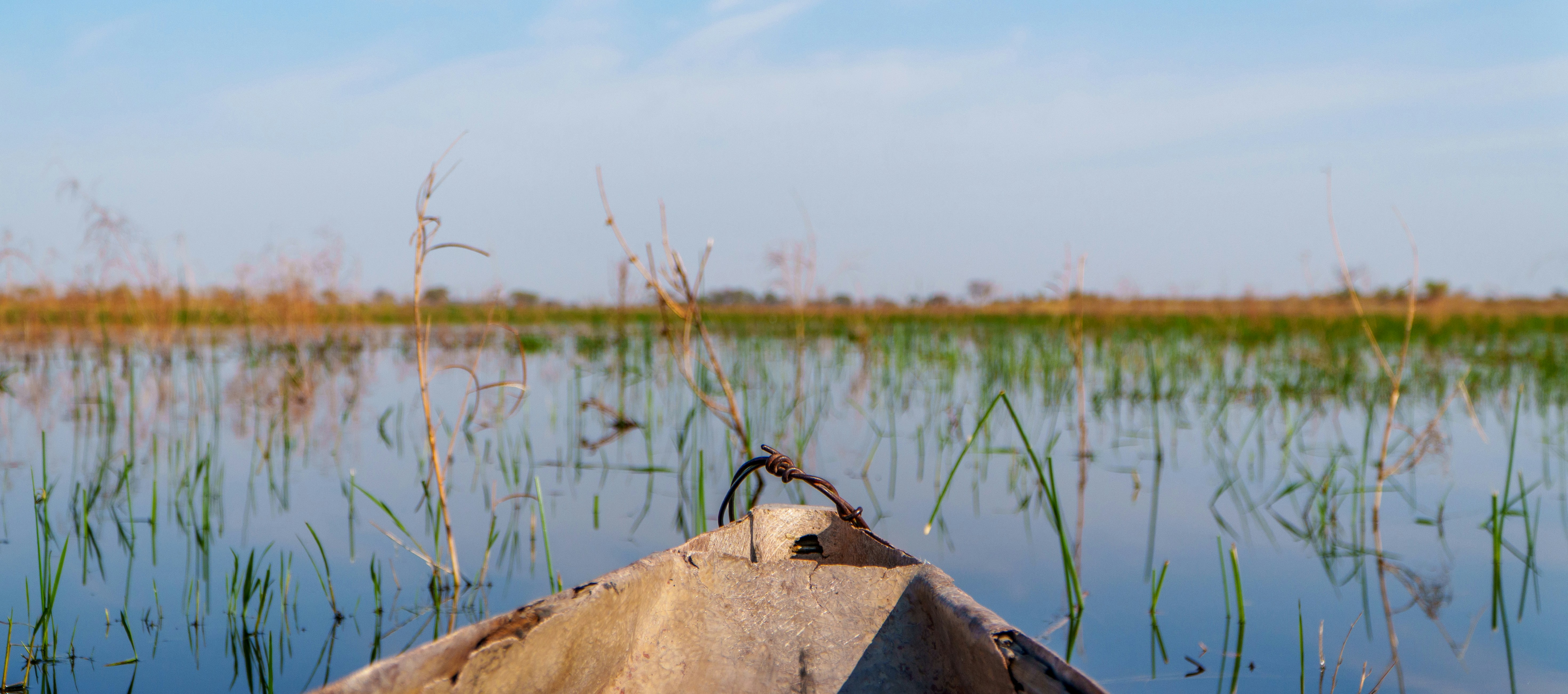 A weathered boat rests at the water's edge, surrounded by lush green grasses reflecting in the calm water. The expansive blue sky stretches above, completing the tranquil scene.