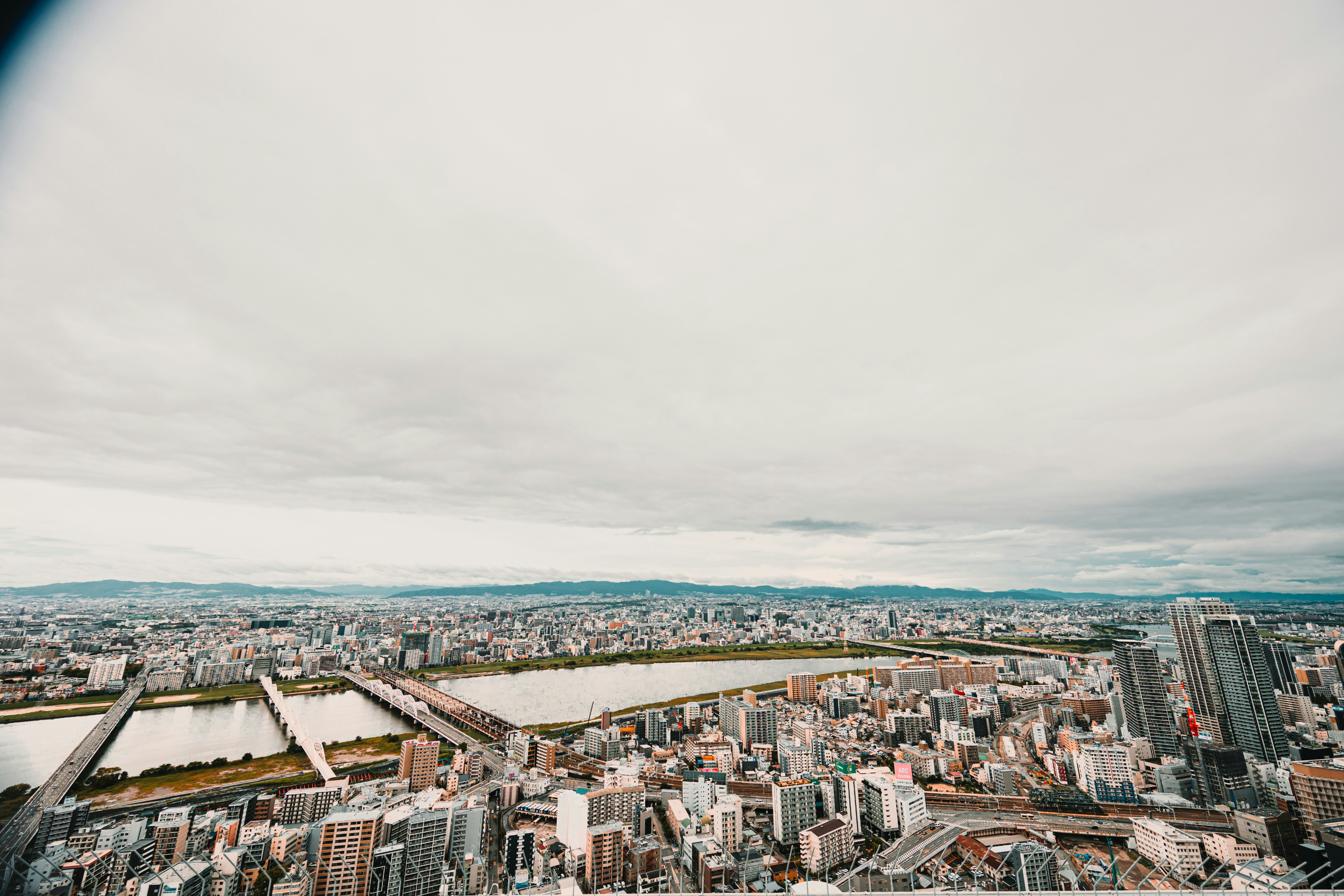 A panoramic view of a sprawling city with a winding river and bridges, under a cloudy sky. The image captures the intricate layout of urban architecture.