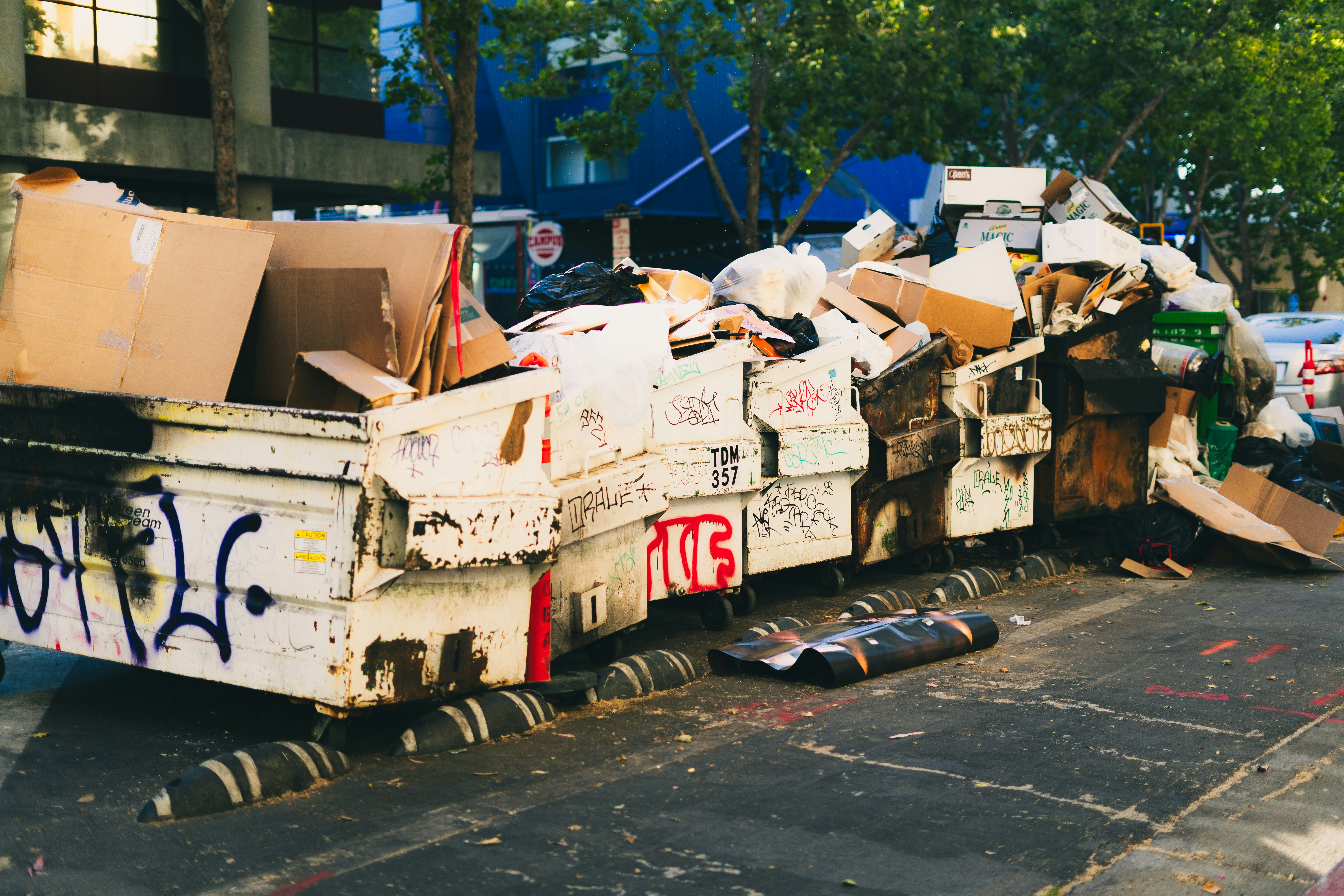 Junk, 2024 | Overflowing dumpster filled with trash and cardboard boxes.