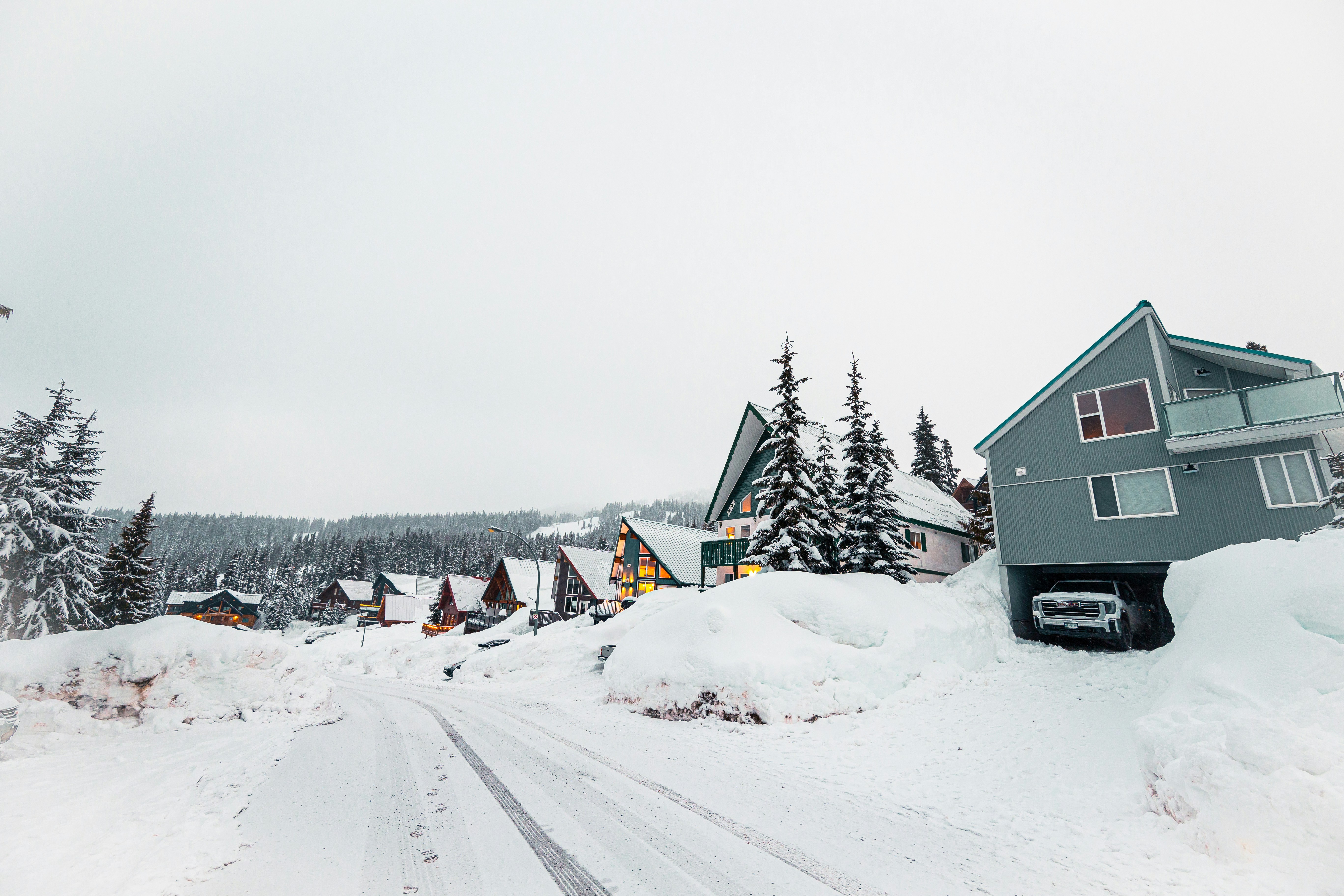 Blue Chalet on a Snowbound Lane