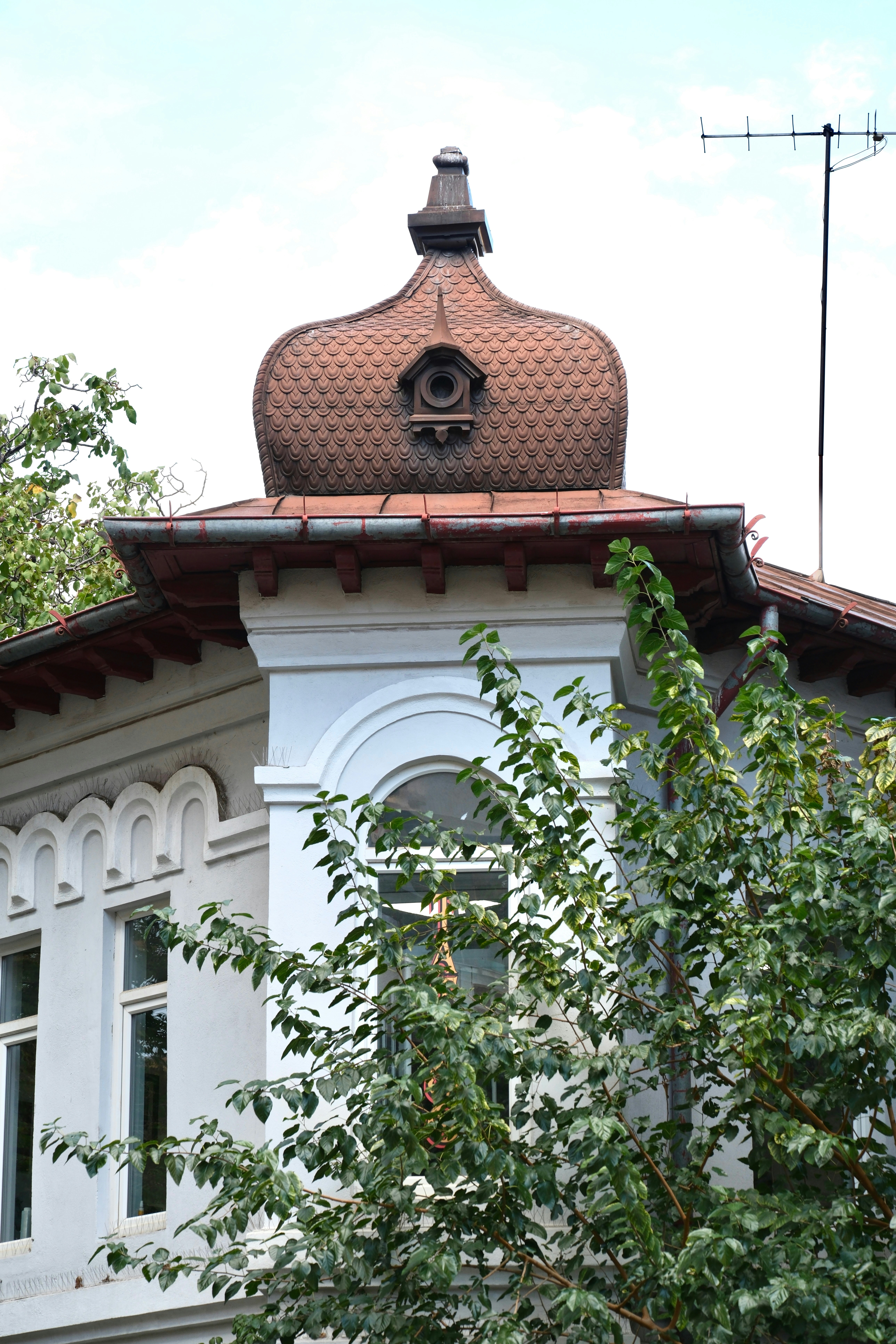 Dome Crowned by Tiles: Ivy-Framed White Facade