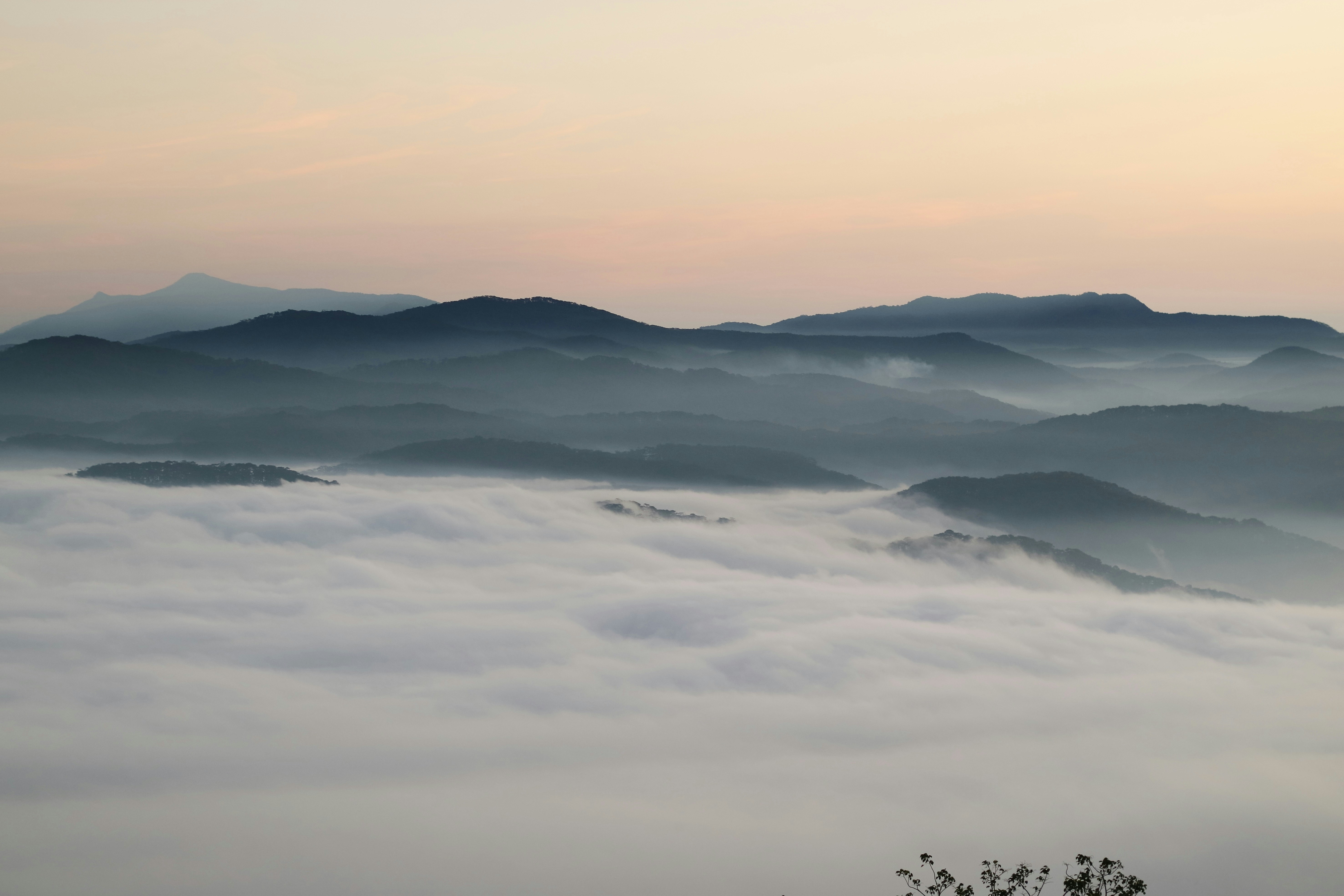 Layered mountain ridges shrouded in a thick blanket of mist at dawn, creating a serene and ethereal landscape.