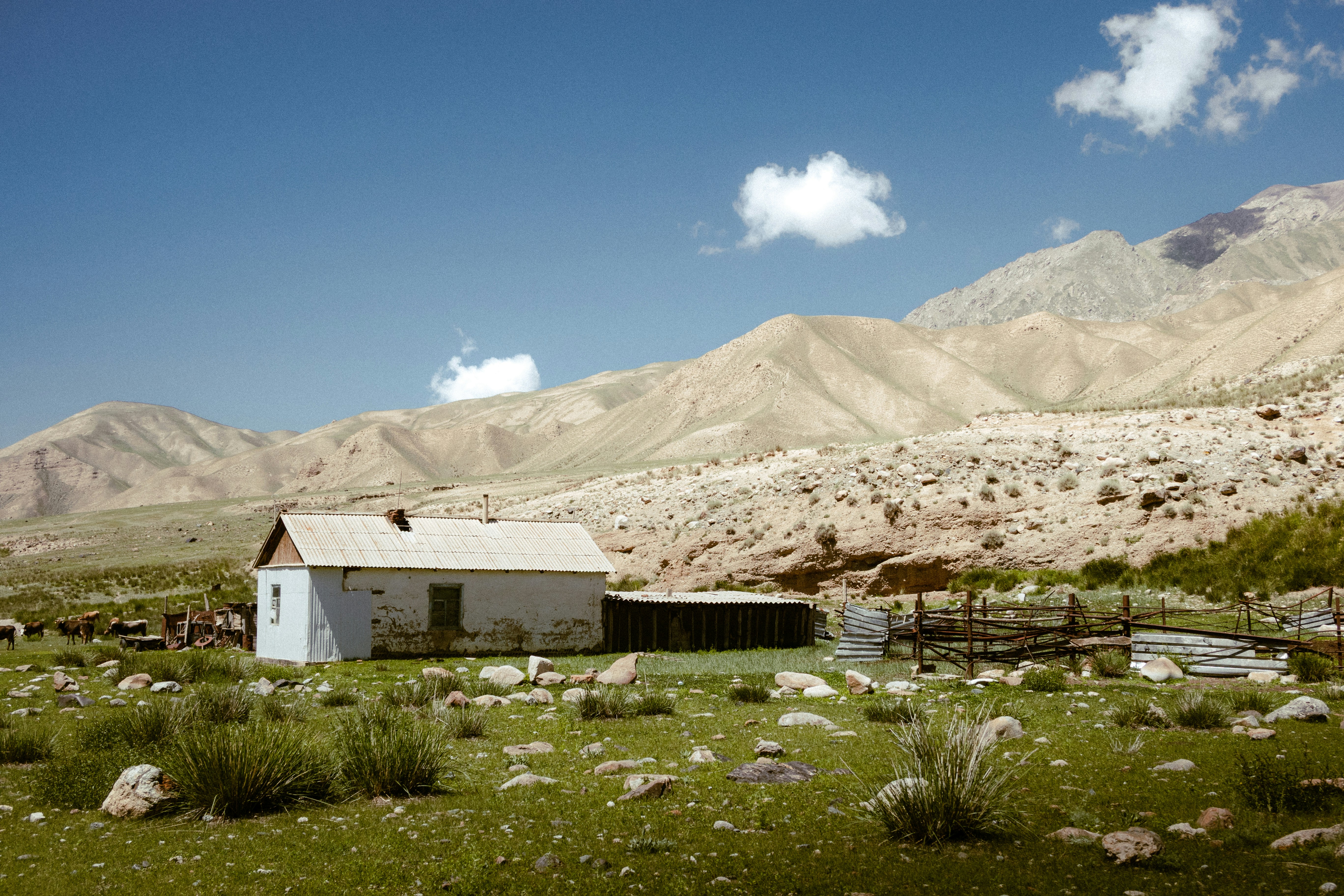 White Cottage at the Foot of Desolate Mountain Range