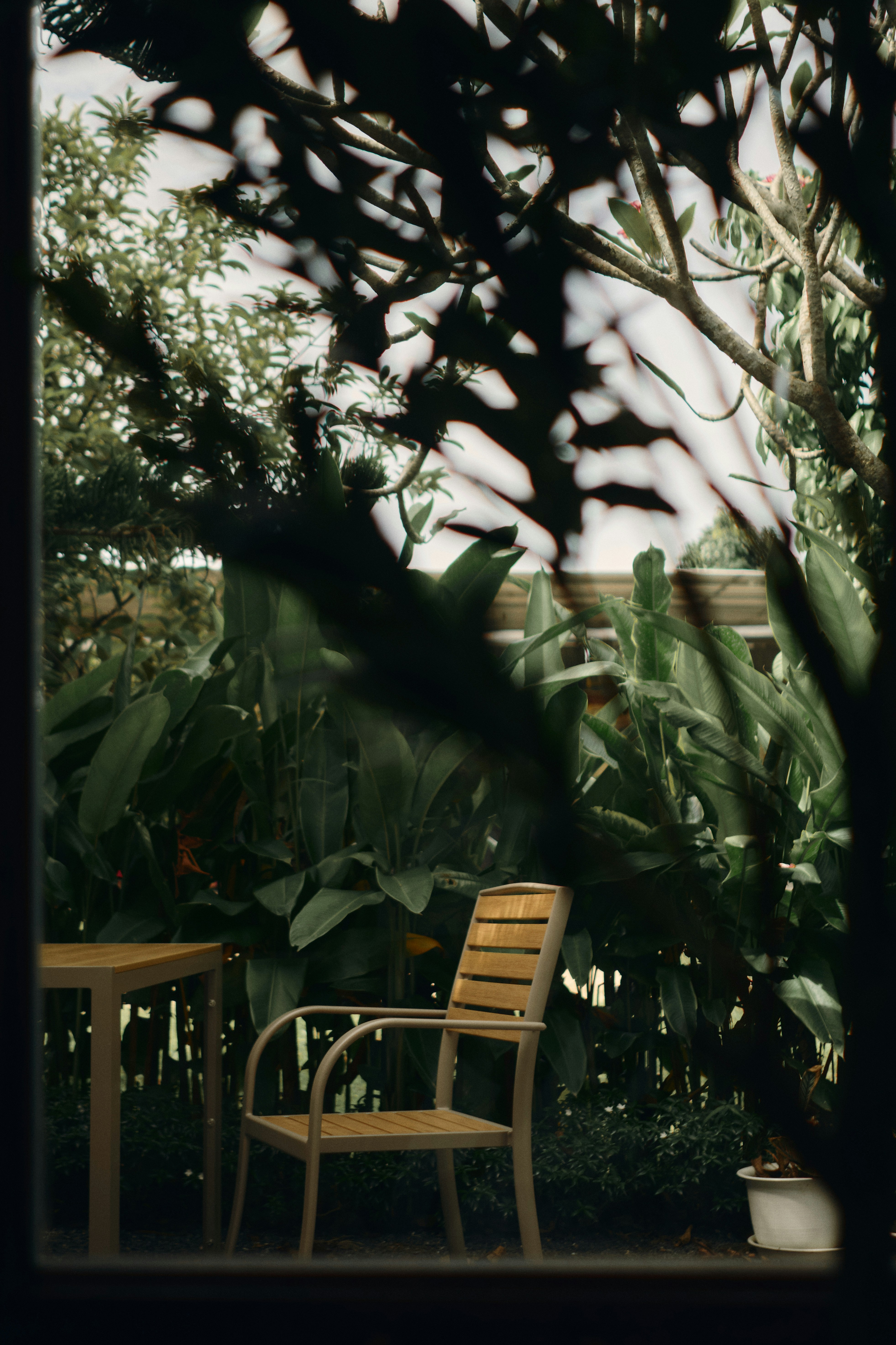 Empty chair and table in a lush garden setting.