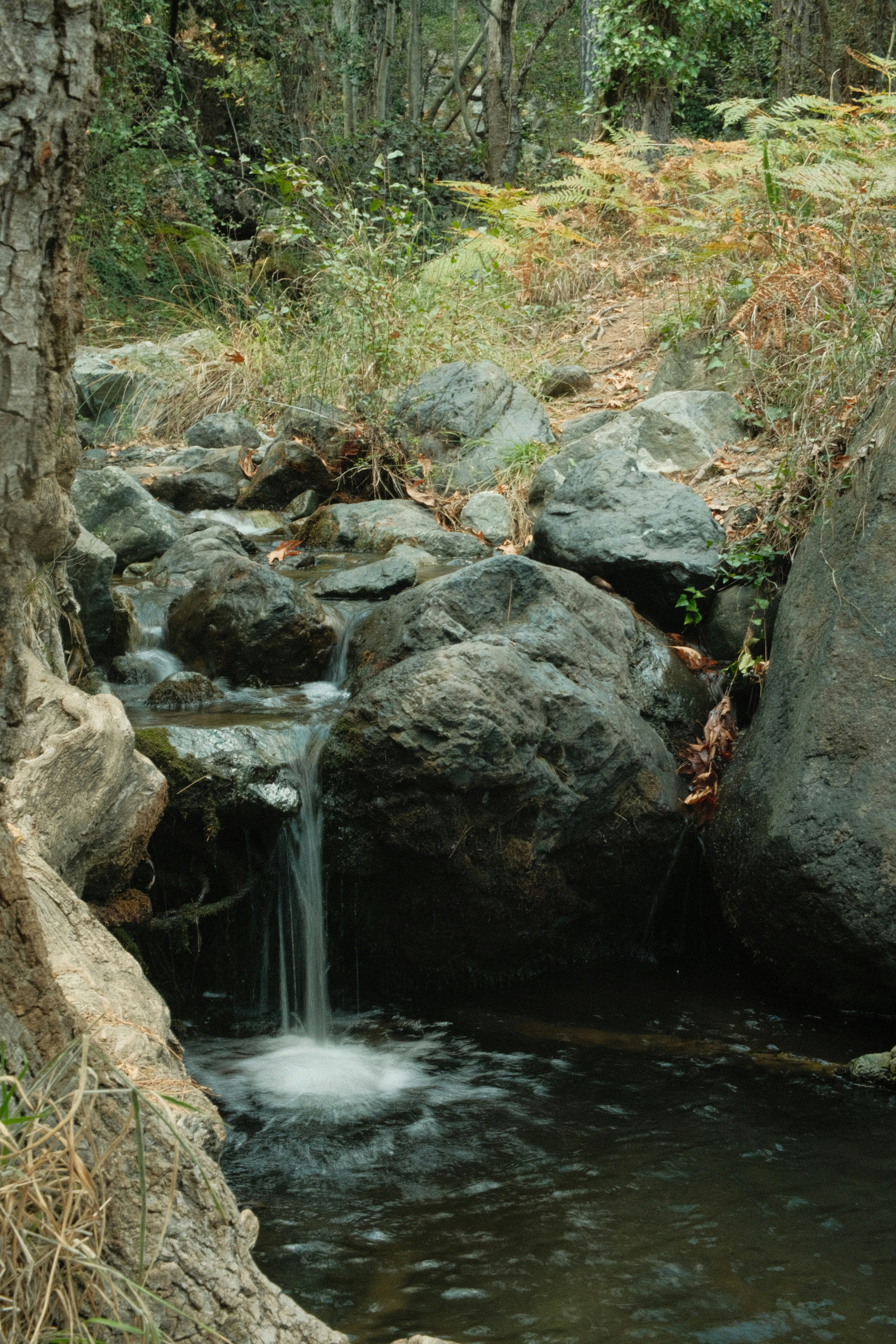 Small waterfall flowing over rocks into a pool.