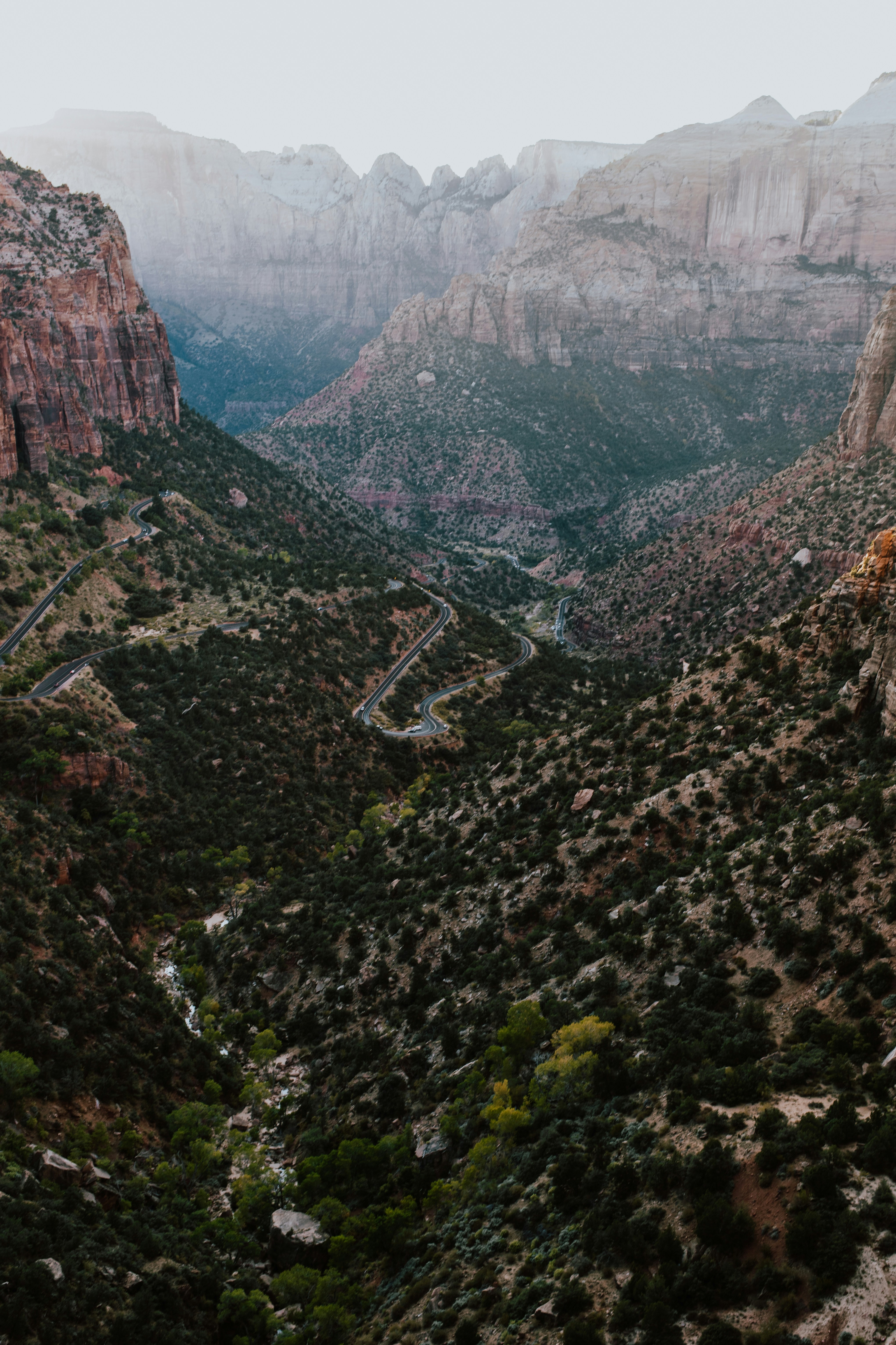 Winding road through a lush, mountainous canyon.
