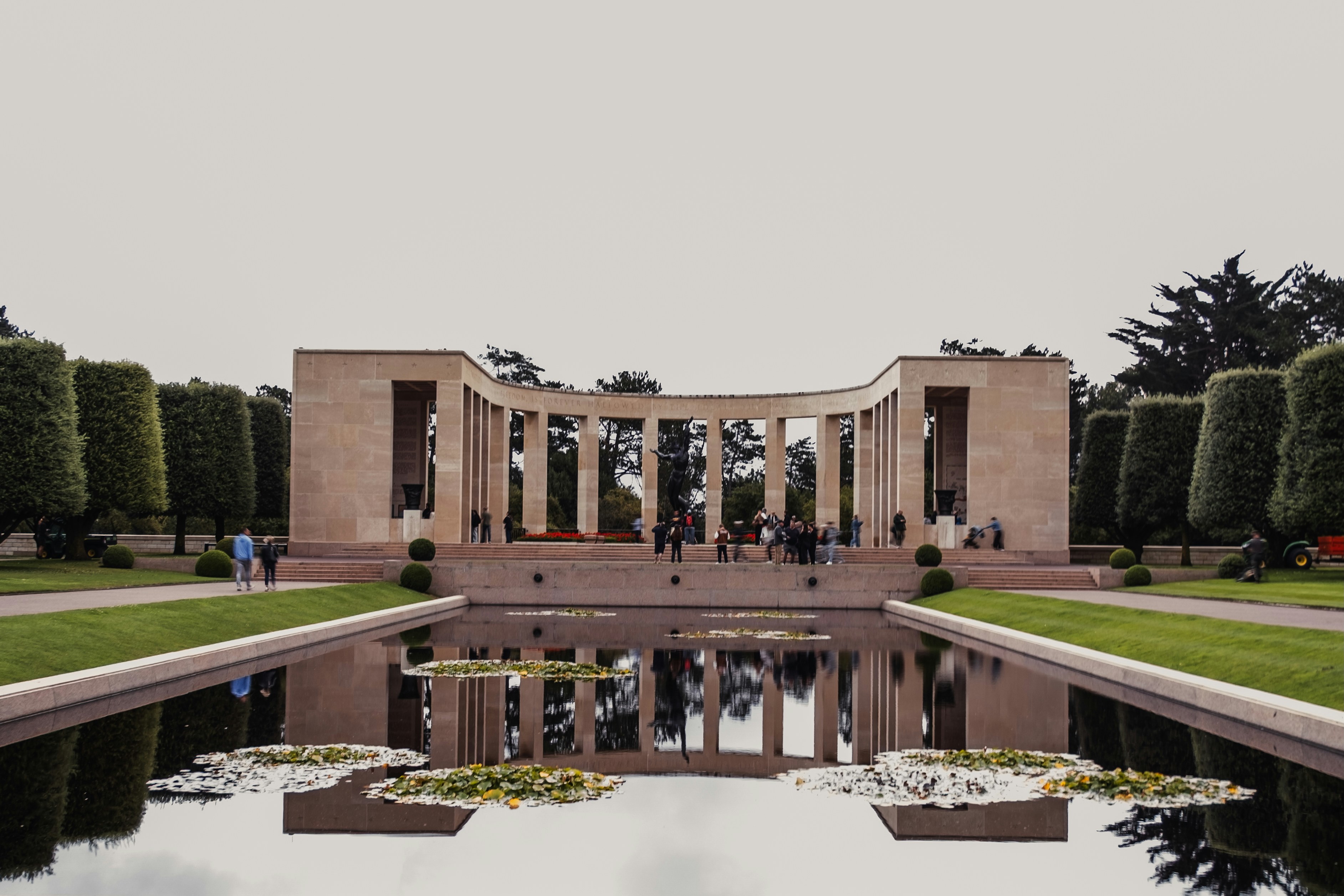 Memorial with reflecting pool and manicured gardens