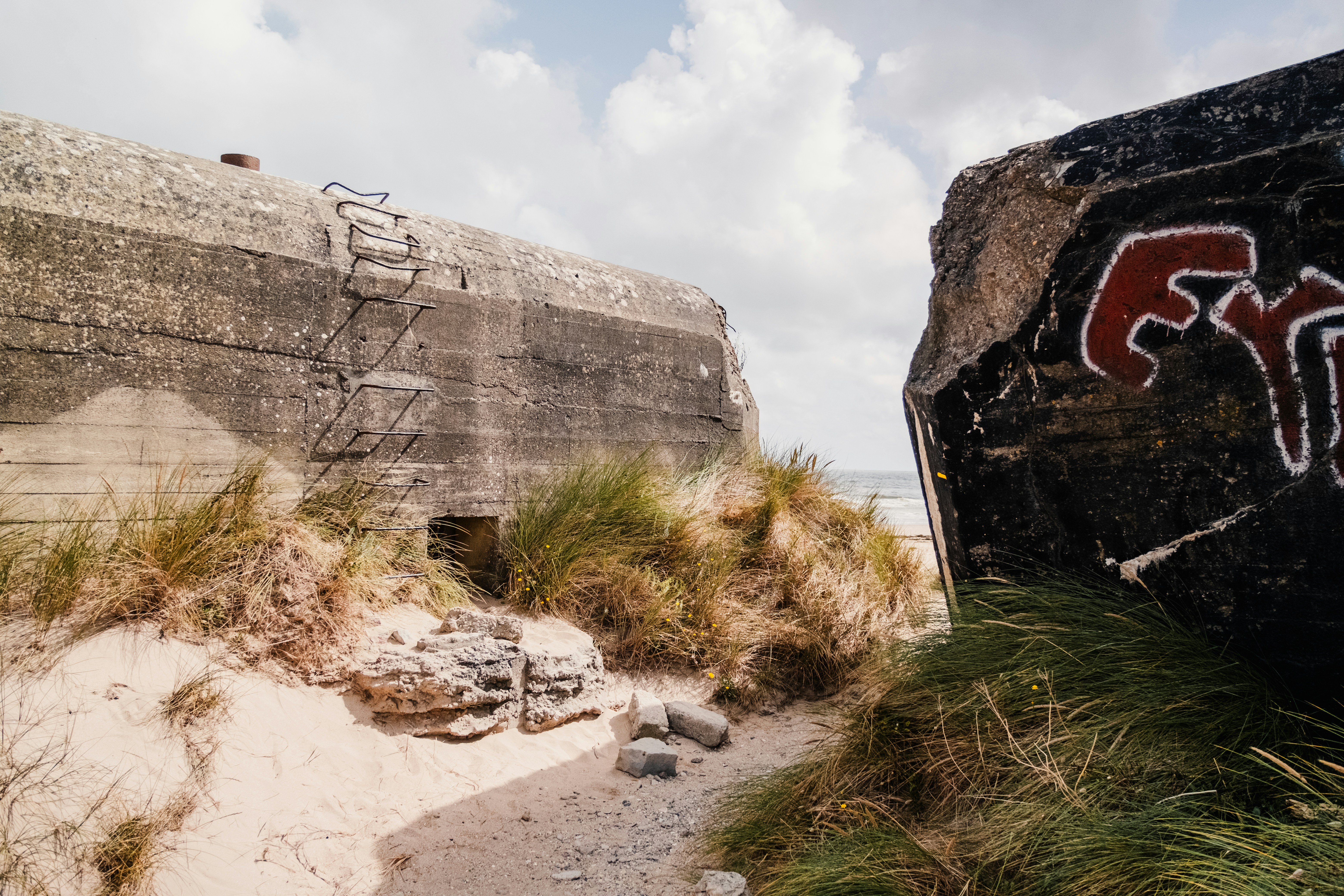 Concrete bunkers on a sandy beach with grass.