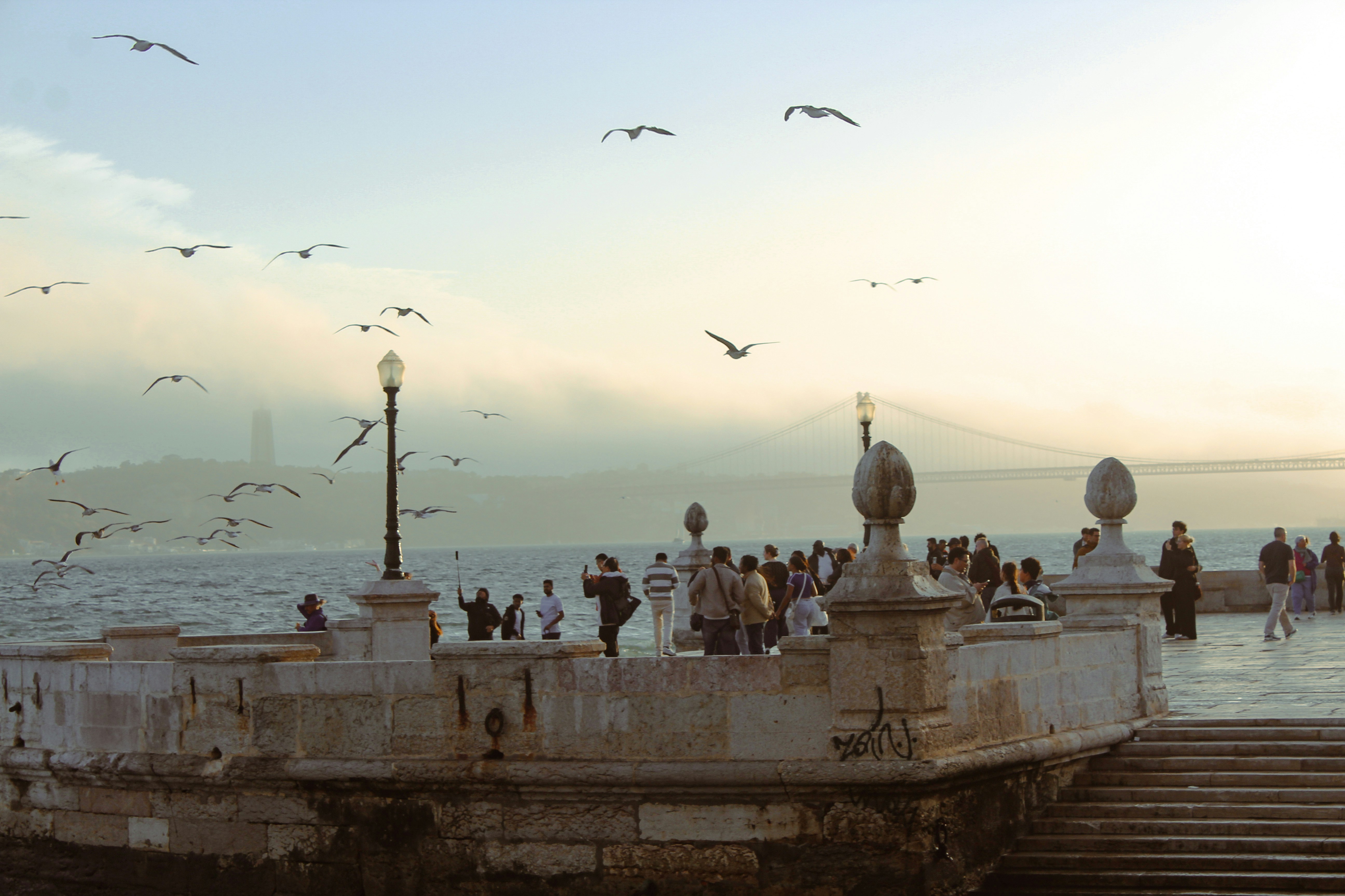People watch seagulls fly over the water at sunrise.