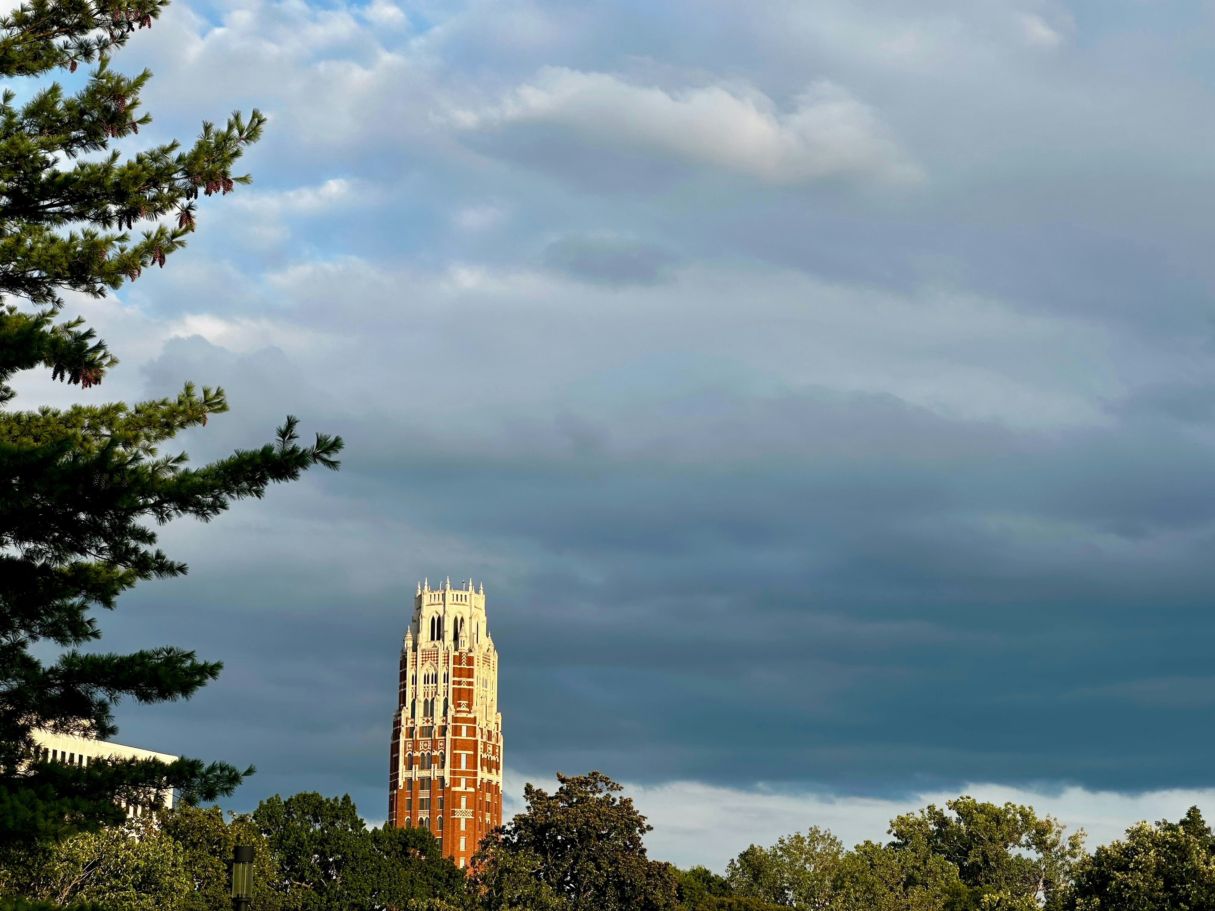 Tall building with trees and cloudy sky