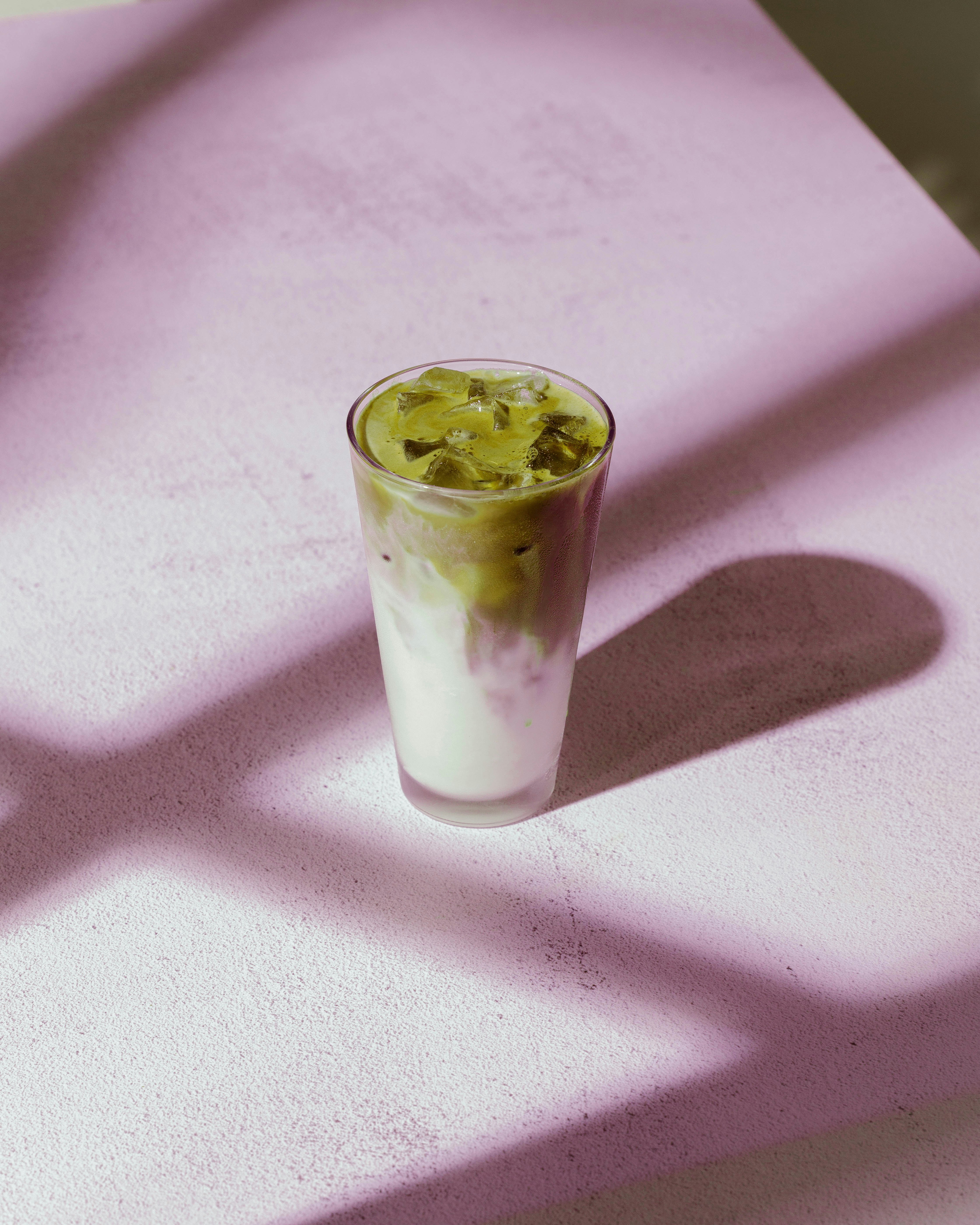 Iced matcha latte with milk and ice