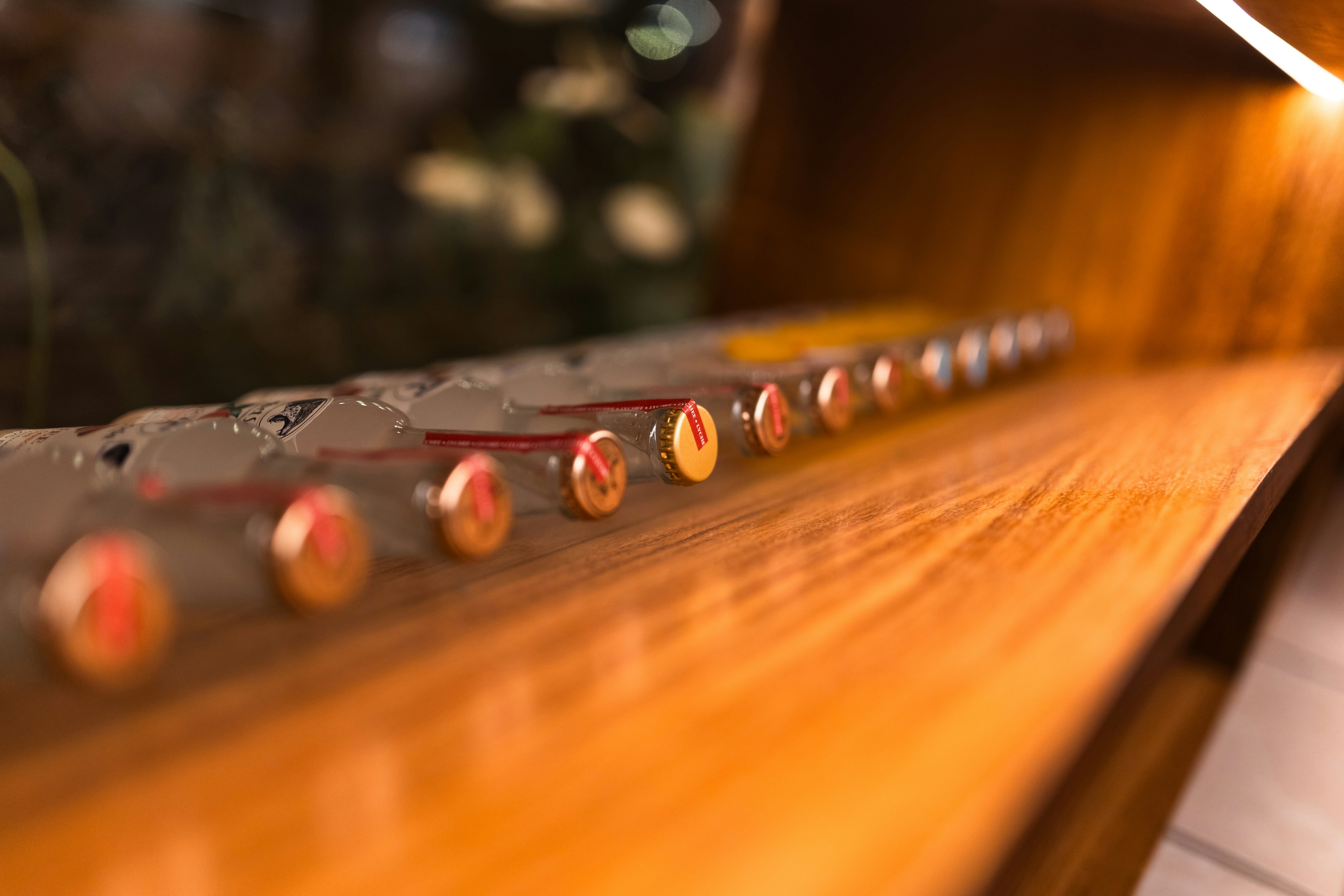A Line of Reflections: Bottles on Wooden Elegance