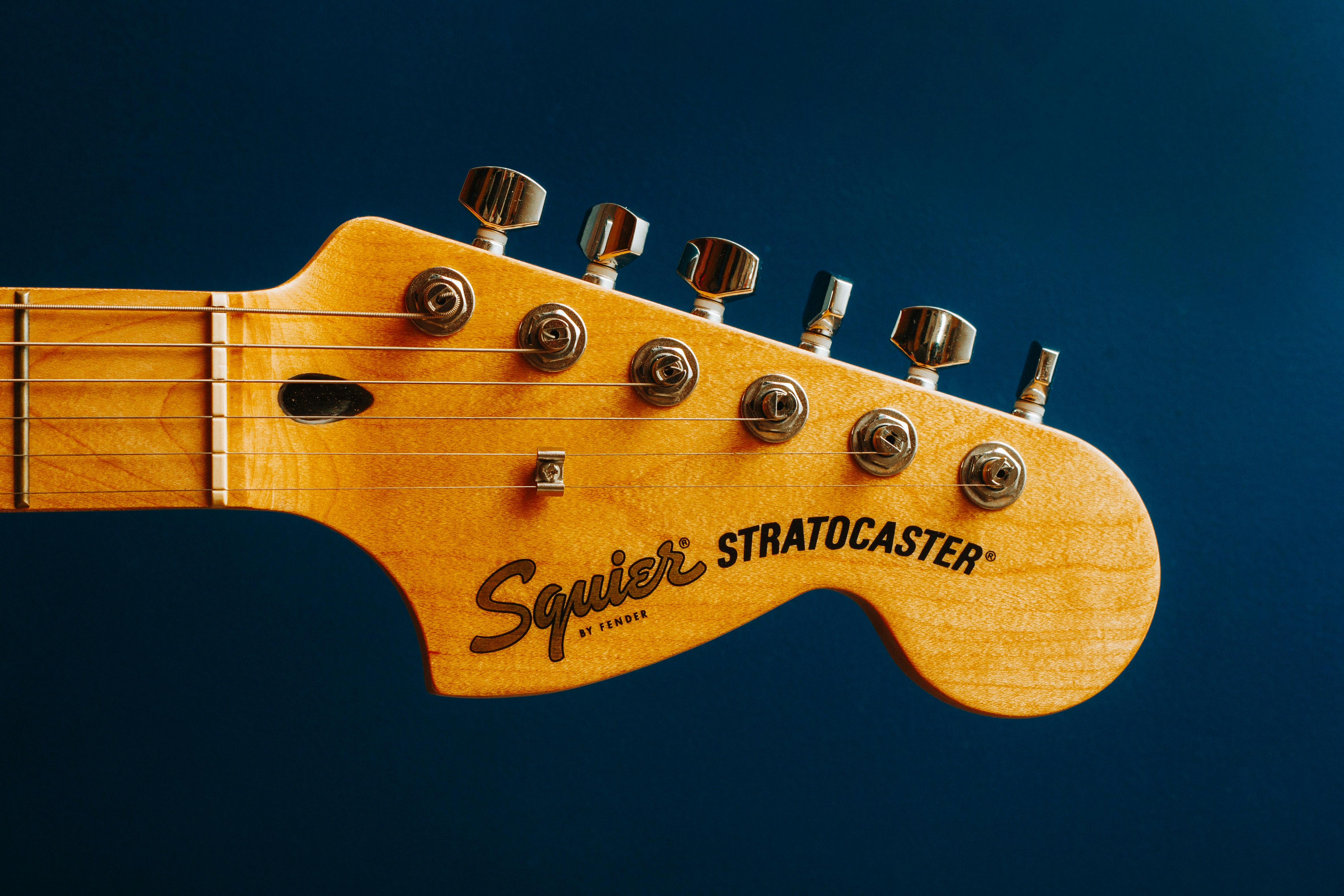 Close-up of a squier stratocaster guitar headstock.