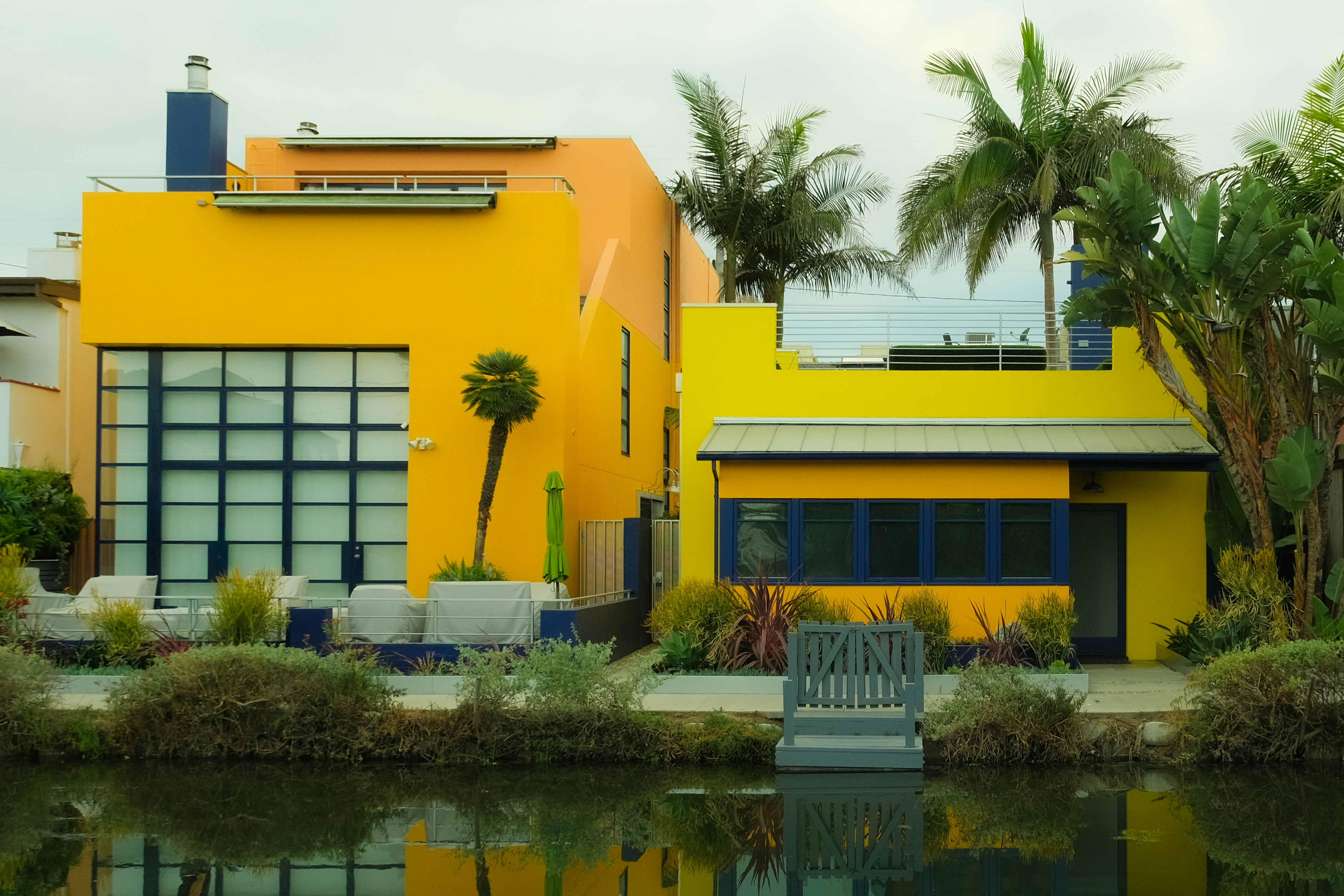 Colorful modern houses by a canal with palm trees.