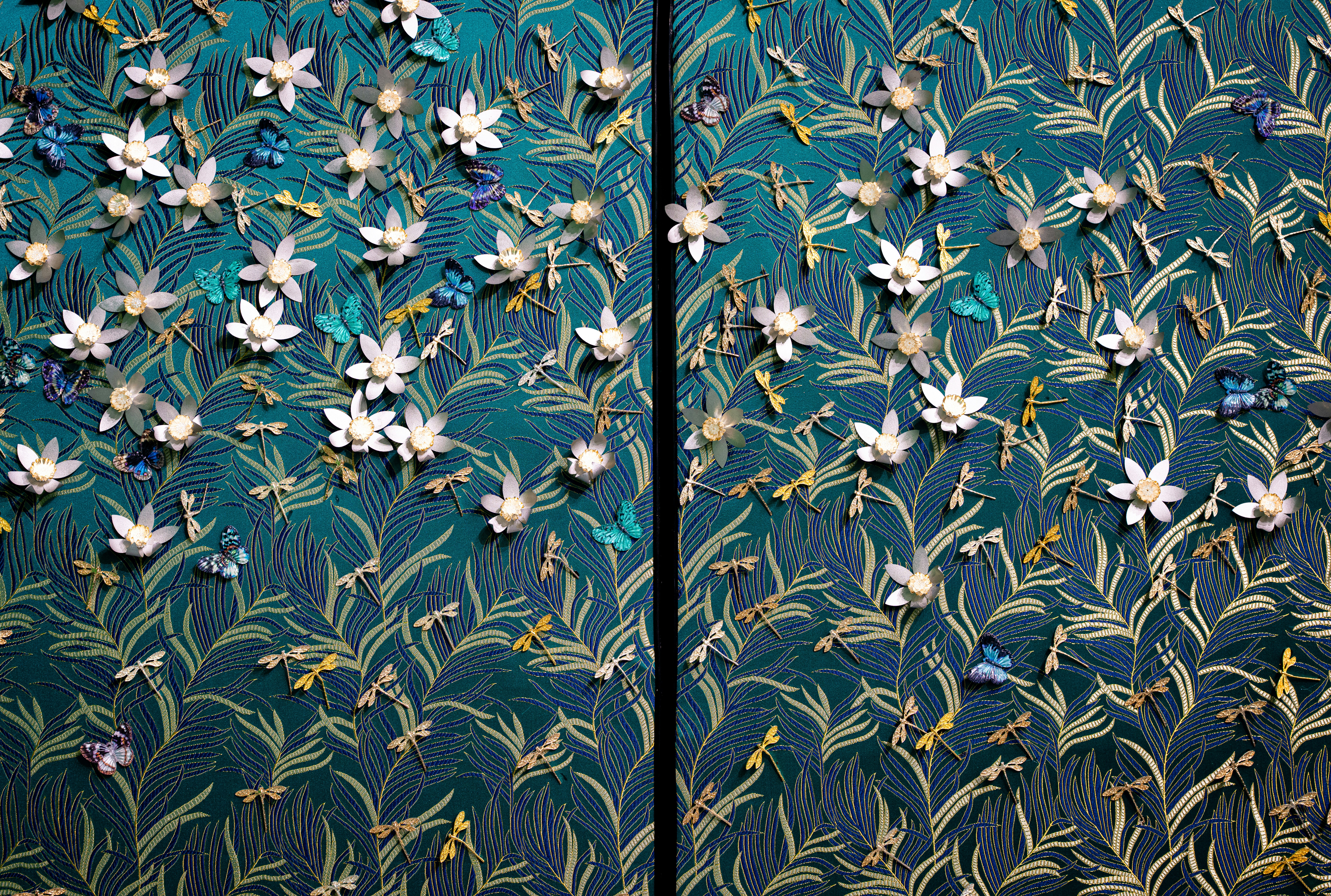 Floral pattern with delicate white flowers and butterflies