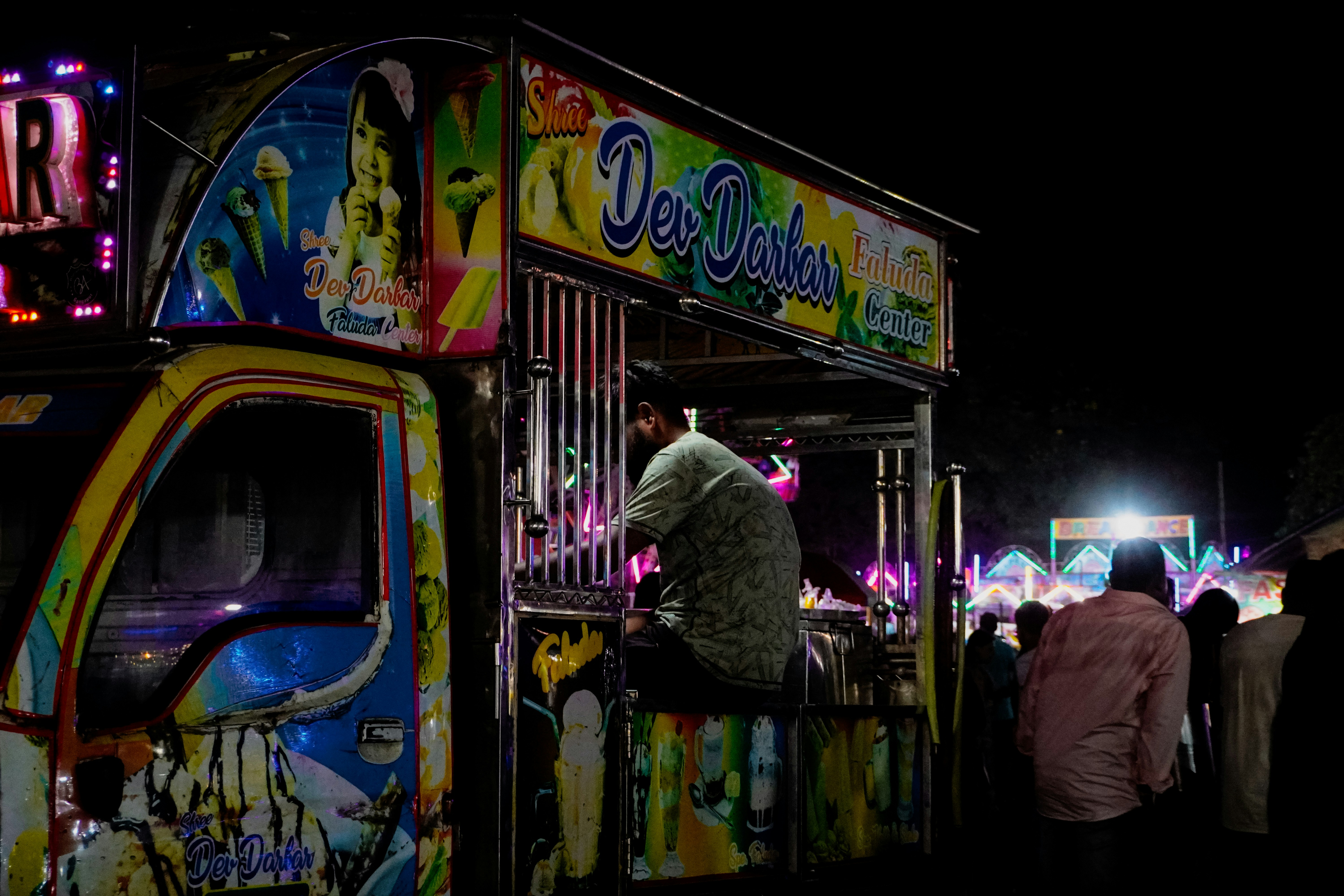 Neon Graffiti Cart: Night Market Portrait of Color and Steam