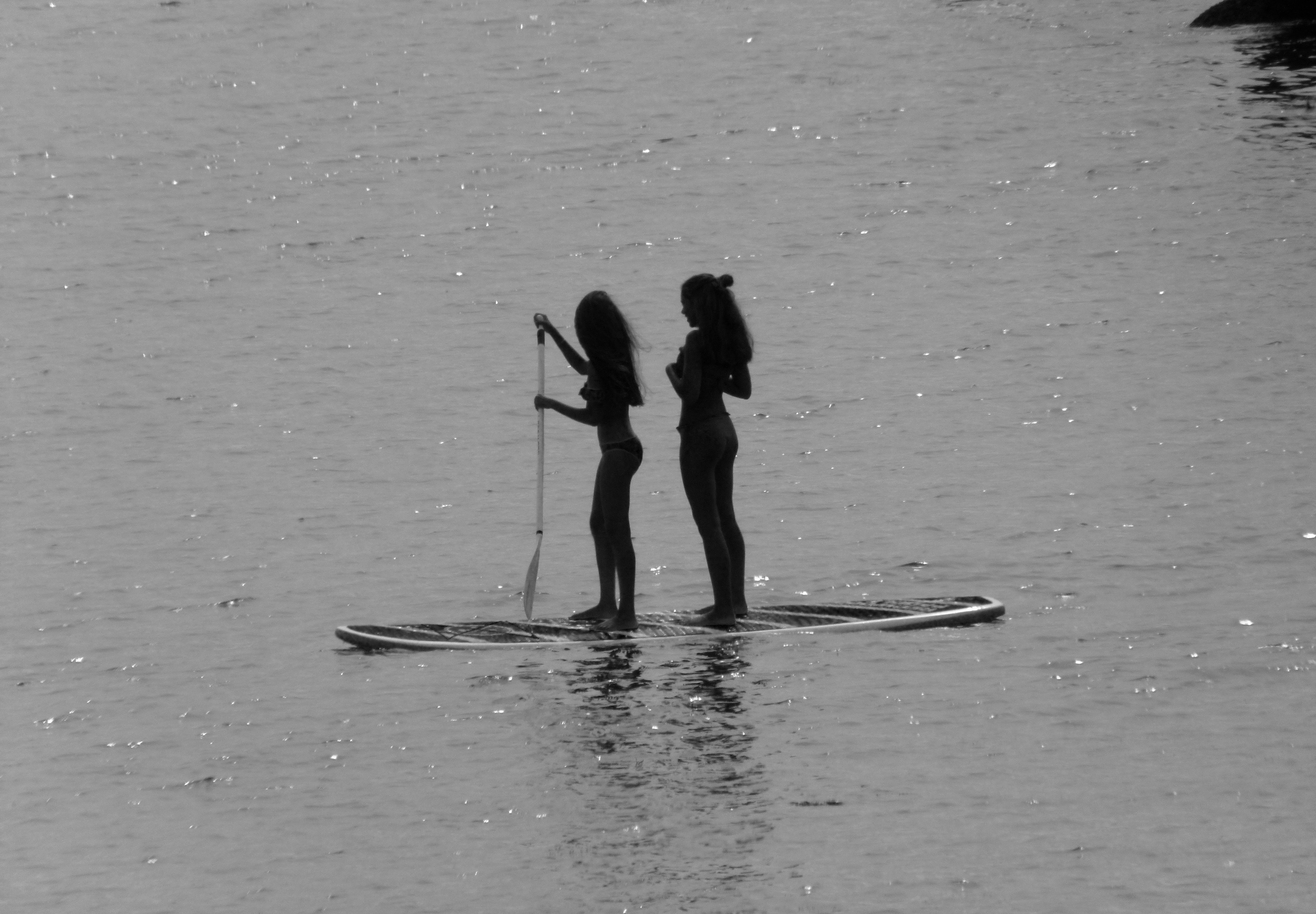 Two people paddleboarding on a calm body of water.