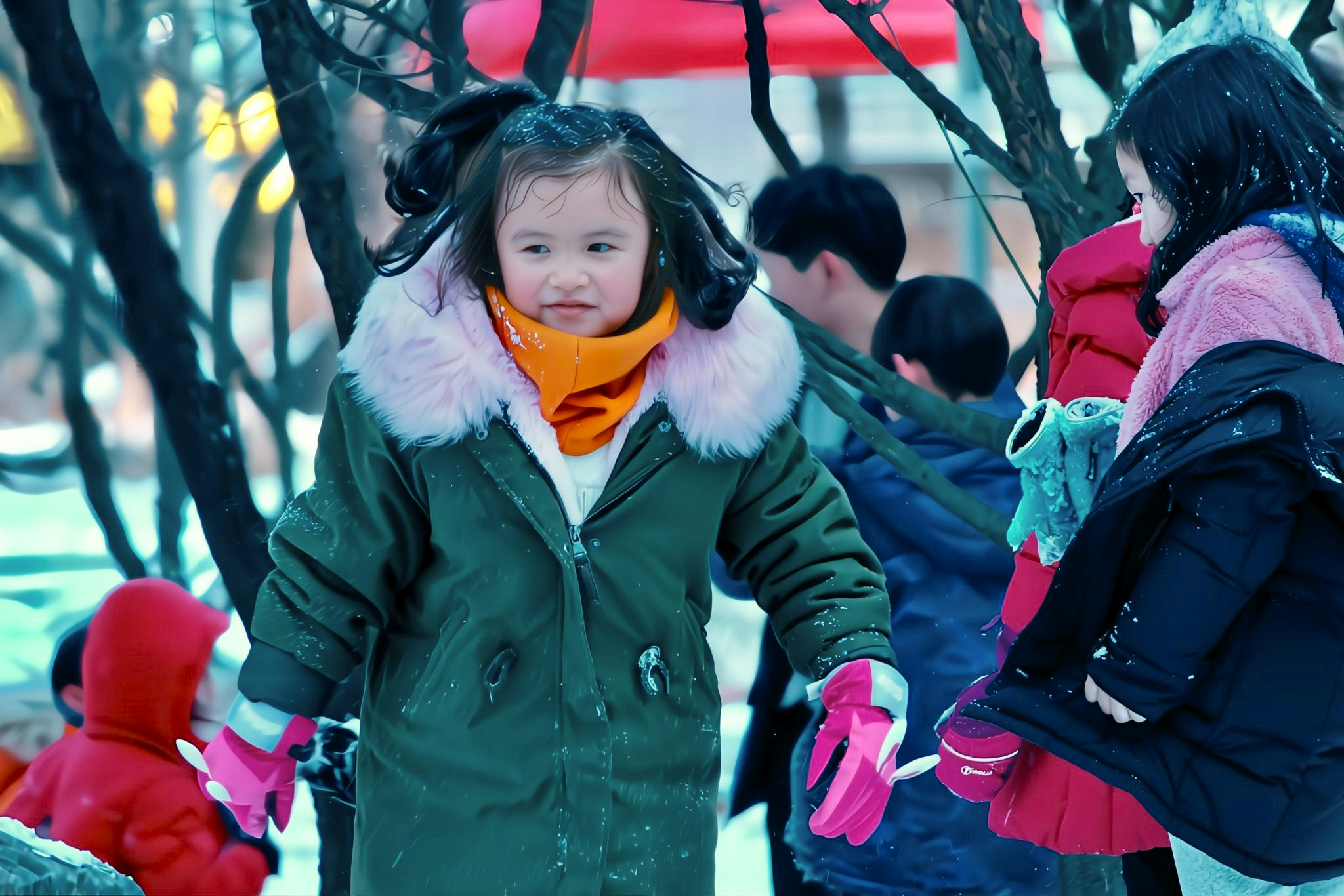 An utterly charming and joyful scene featuring a group of Korean toddlers (approximately 3-4 years old) bundled up in colorful winter jackets, happily playing in the fresh snow. This candid image captures the pure delight of childhood, the innocence of winter play, and the beauty of cultural diversity. Perfect for illustrating themes of winter activities, children's fun, outdoor adventures, and family moments in cold weather. | A young girl in a winter coat with orange scarf.
