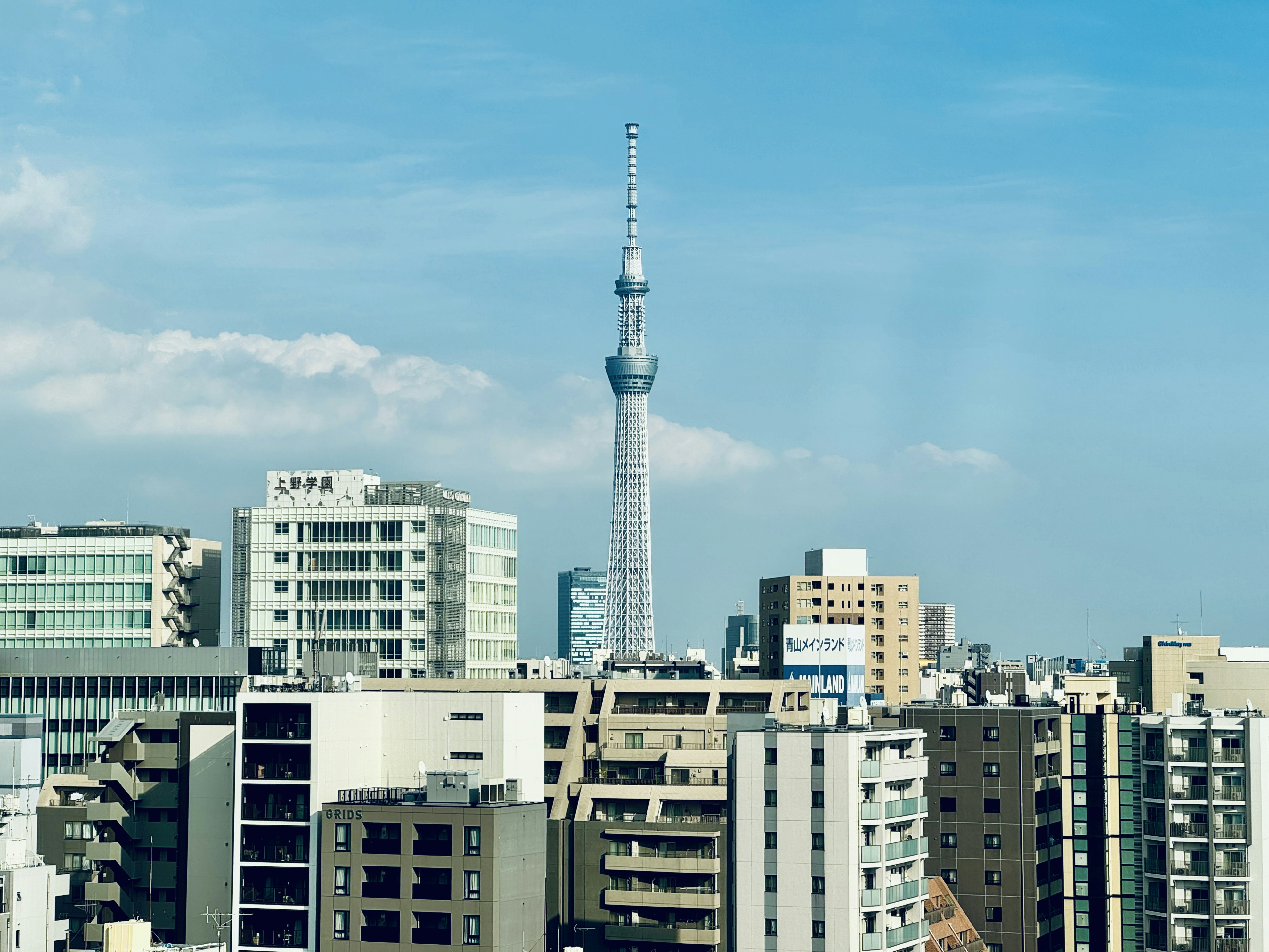 Tokyo Skytree rises above a bustling cityscape, surrounded by modern buildings under a clear blue sky.