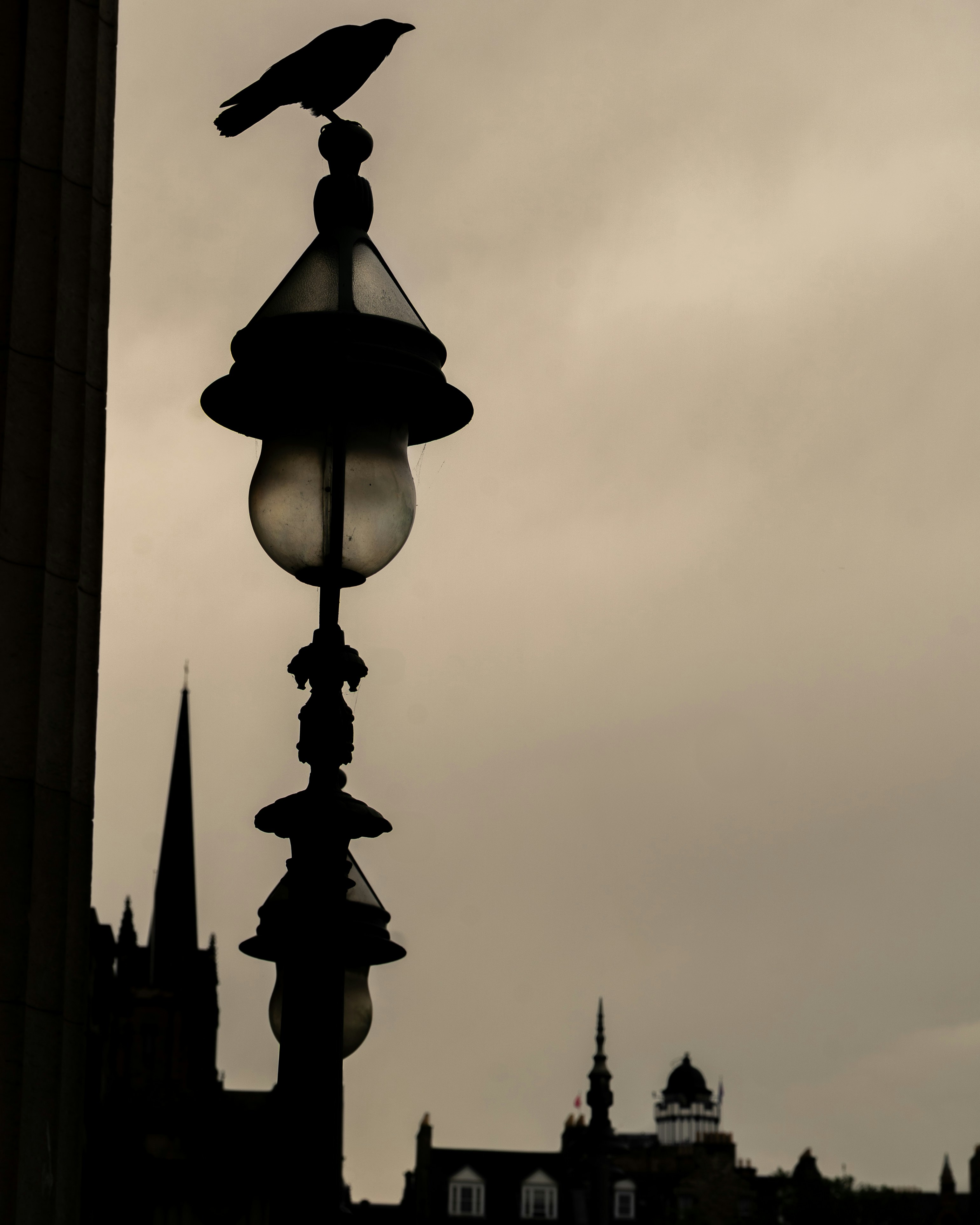 Crow on a Victorian Streetlamp Over a Moody Gothic Skyline