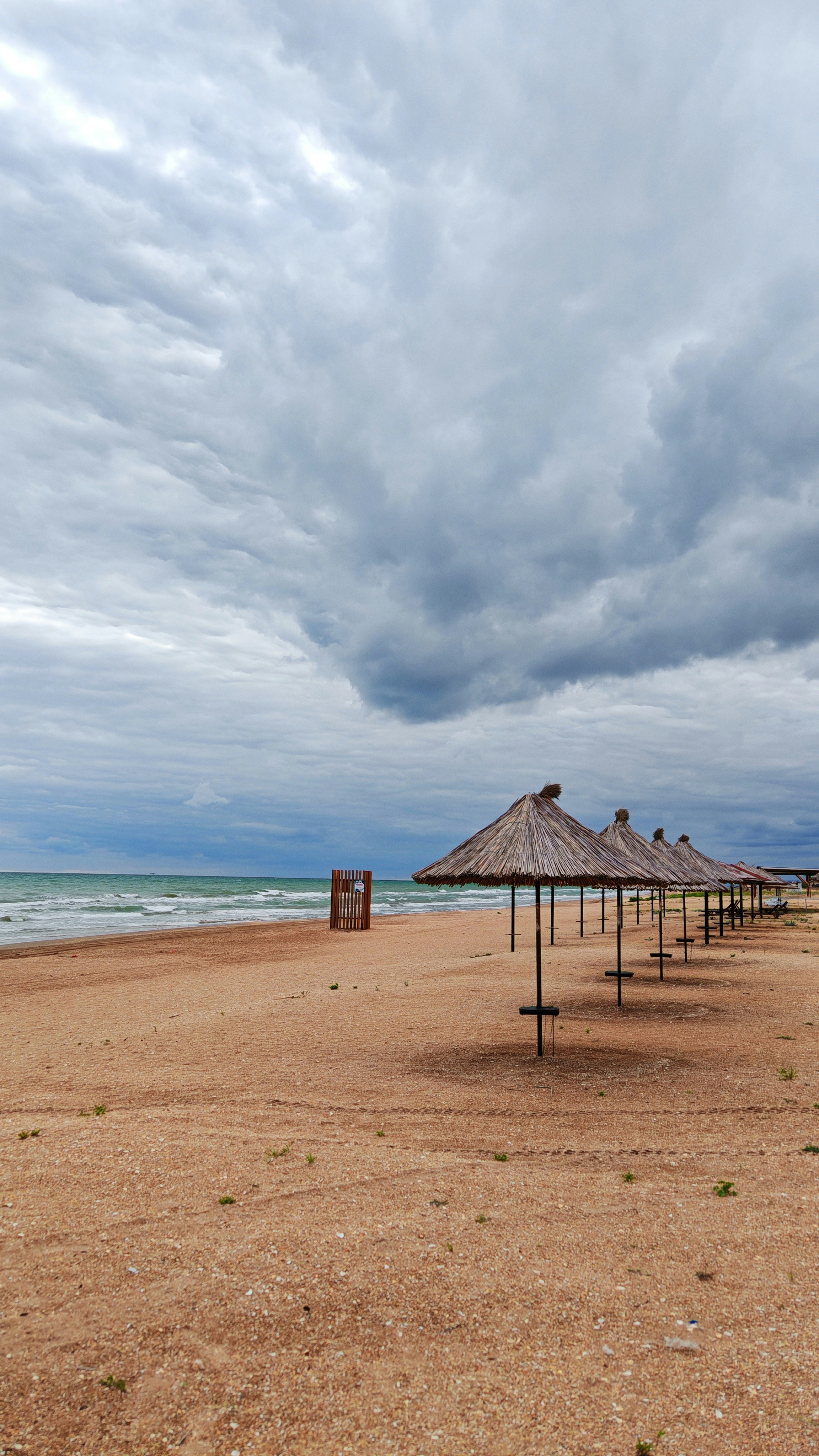 Empty beach with straw umbrellas under cloudy sky.