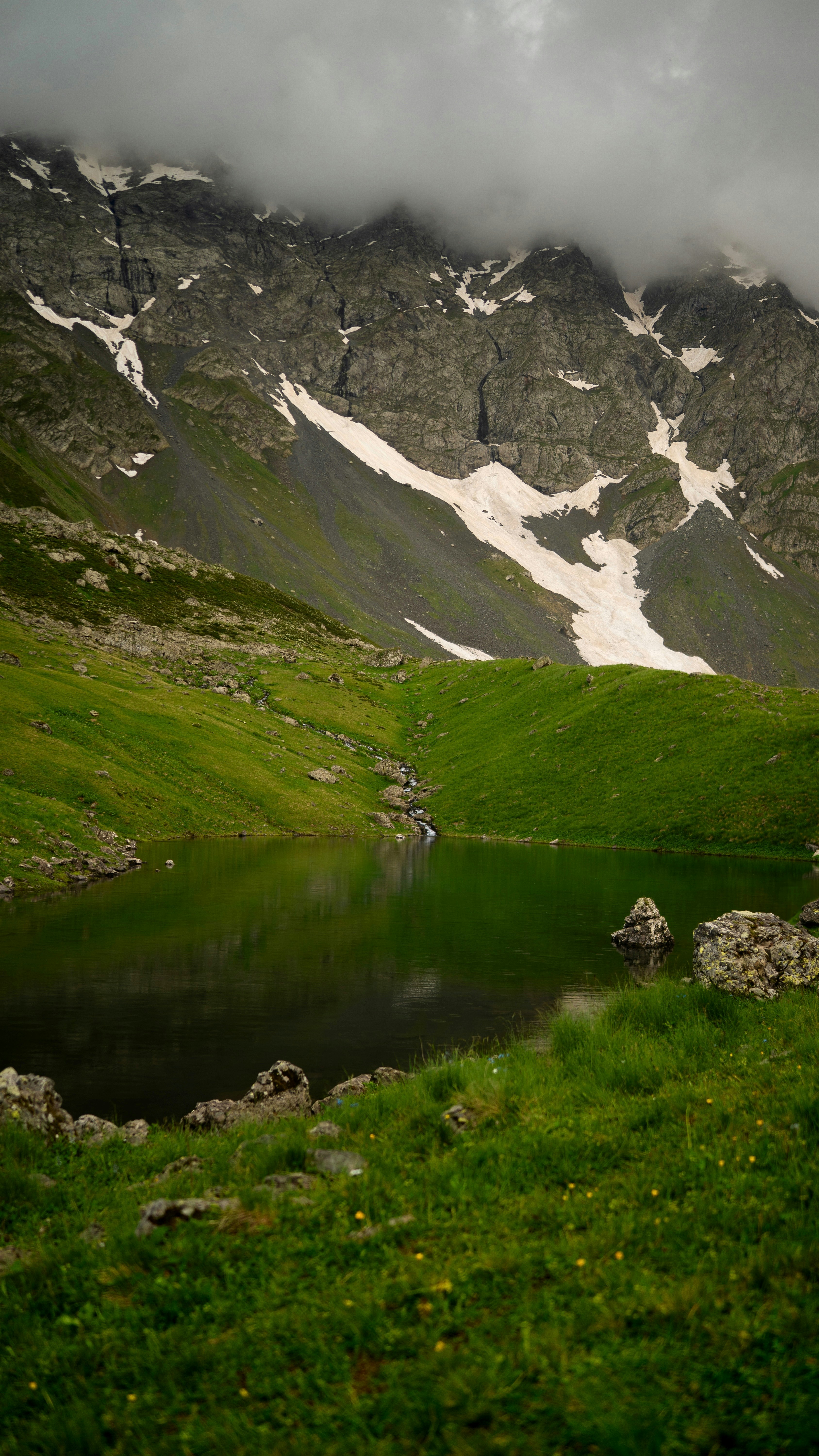 Serene alpine lake surrounded by lush greenery and towering snow-capped mountains under a cloudy sky.