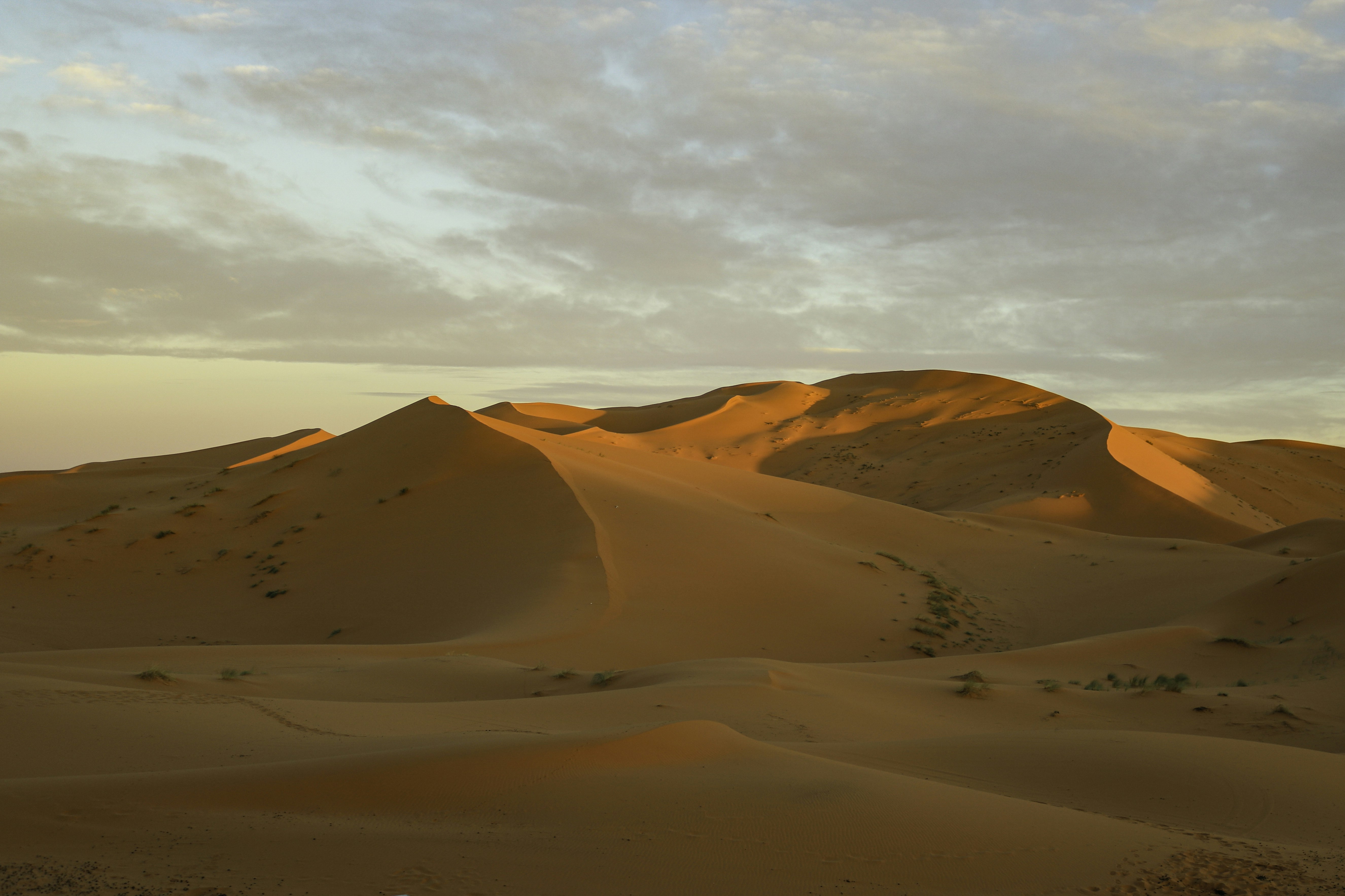 Golden sand dunes under a cloudy sky at sunset