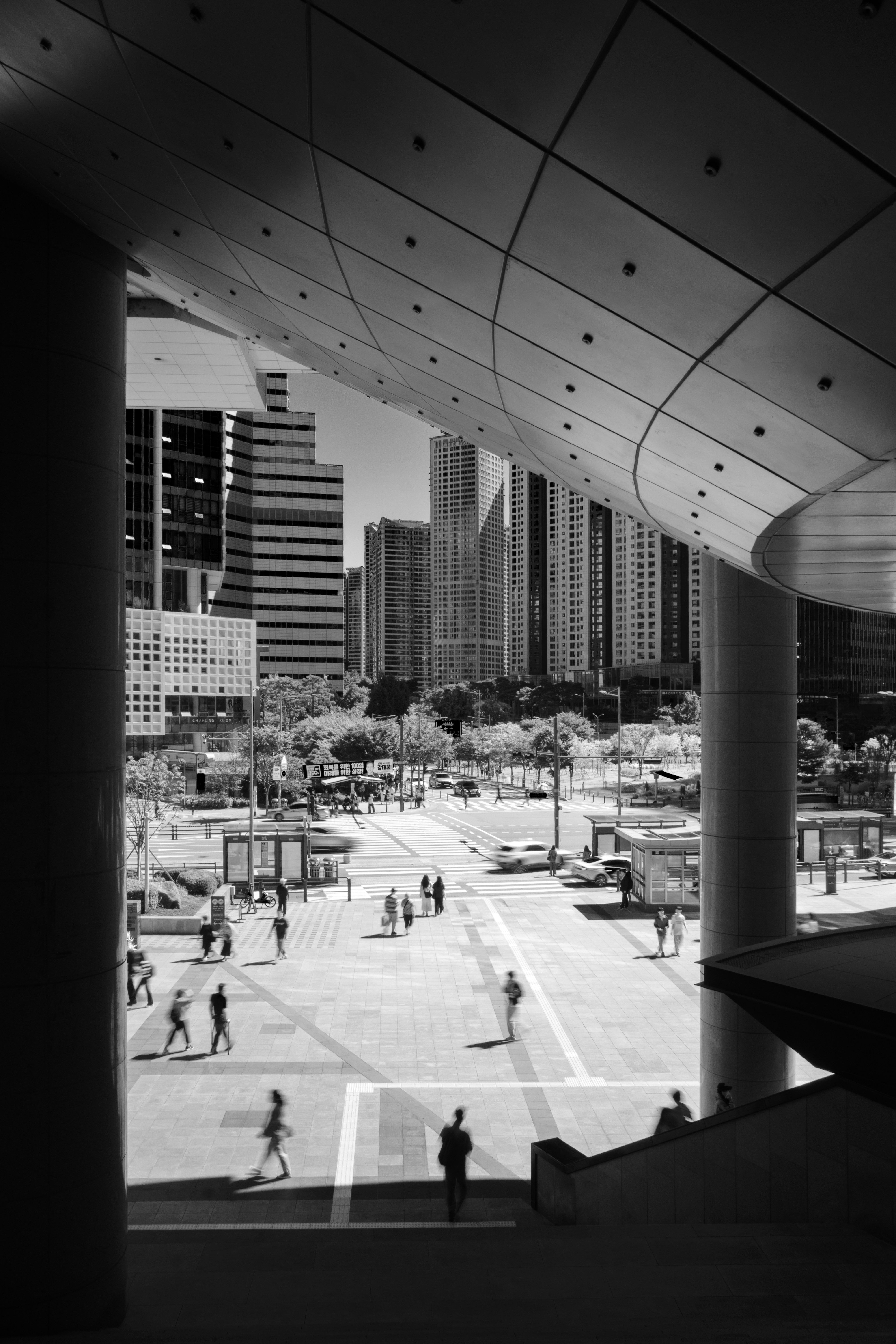 Urban Symphony Under Architectural Canopy