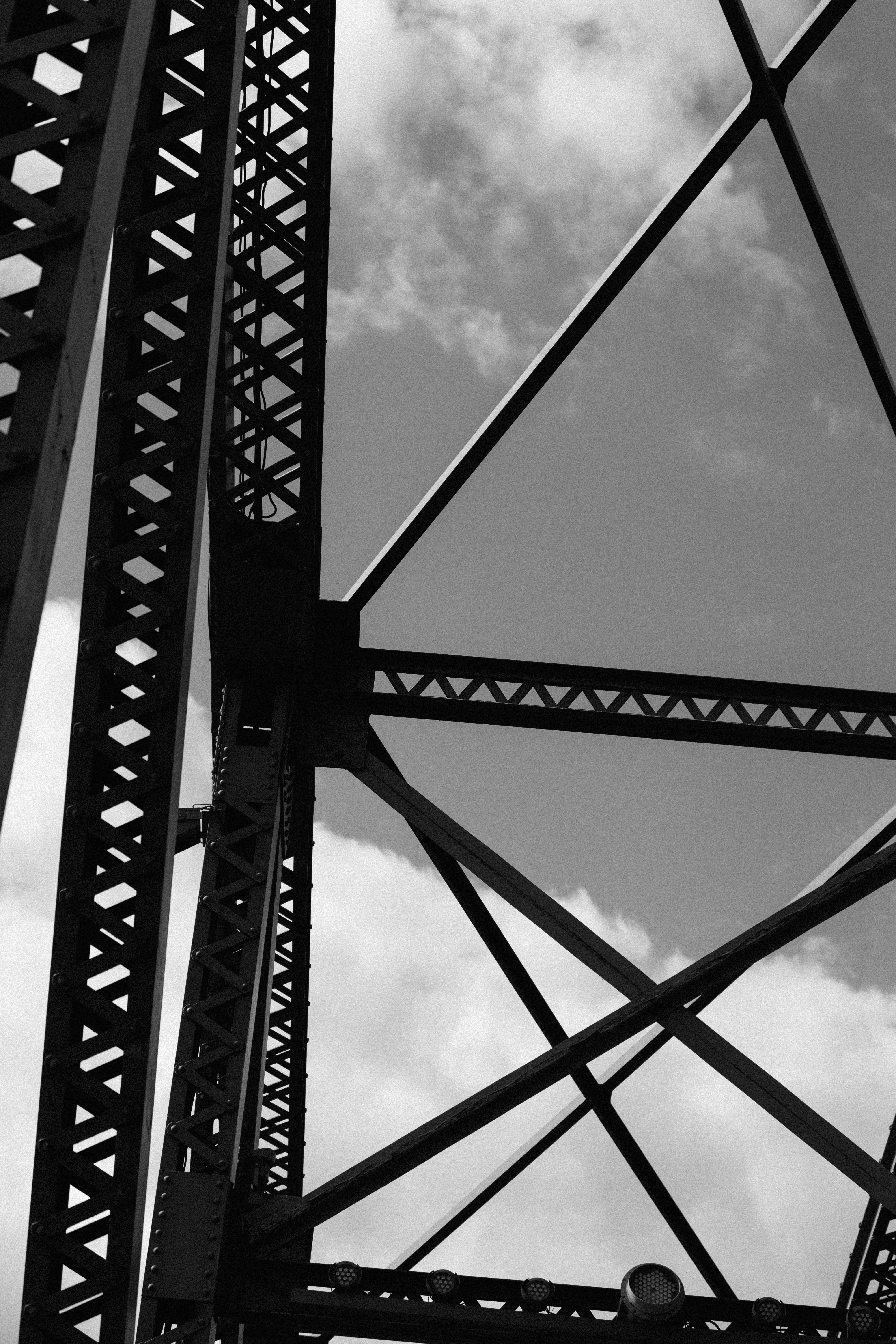 Abstract view of a metal bridge structure against sky