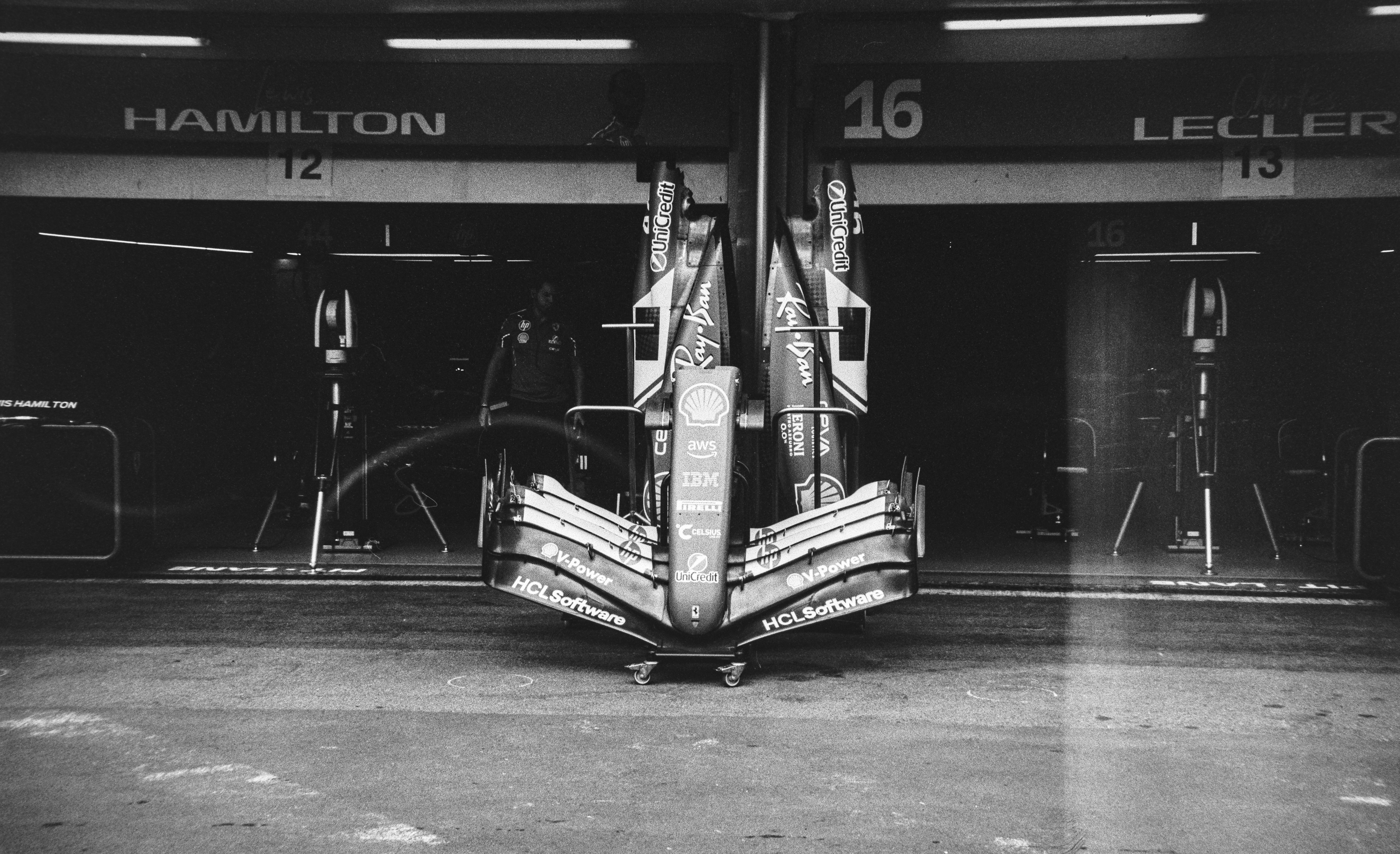 Formula 1 car in a pit garage