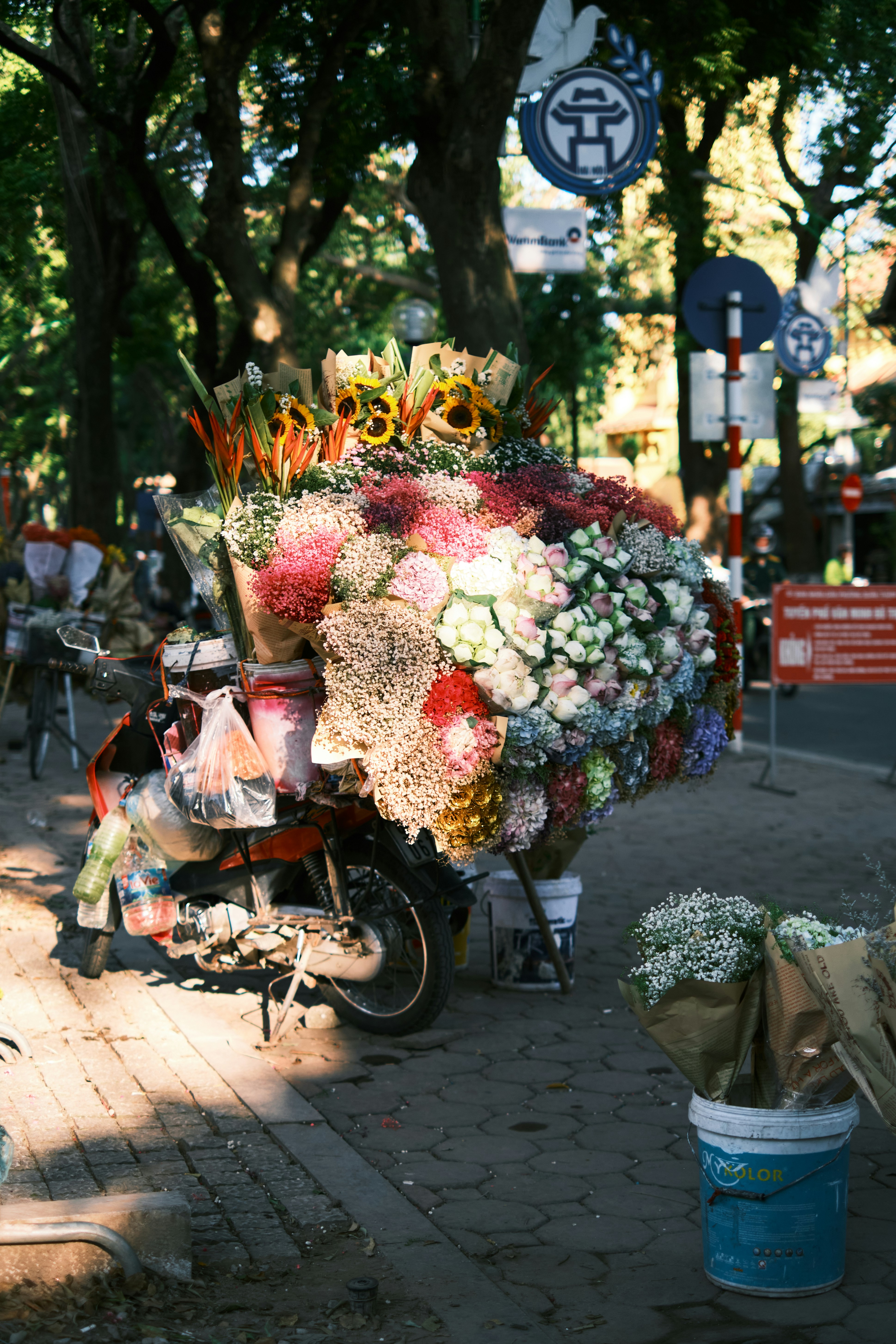 A colorful assortment of flowers arranged on a motorcycle, showcasing the beauty of nature in an urban setting. The scene is framed by lush trees and street signs.