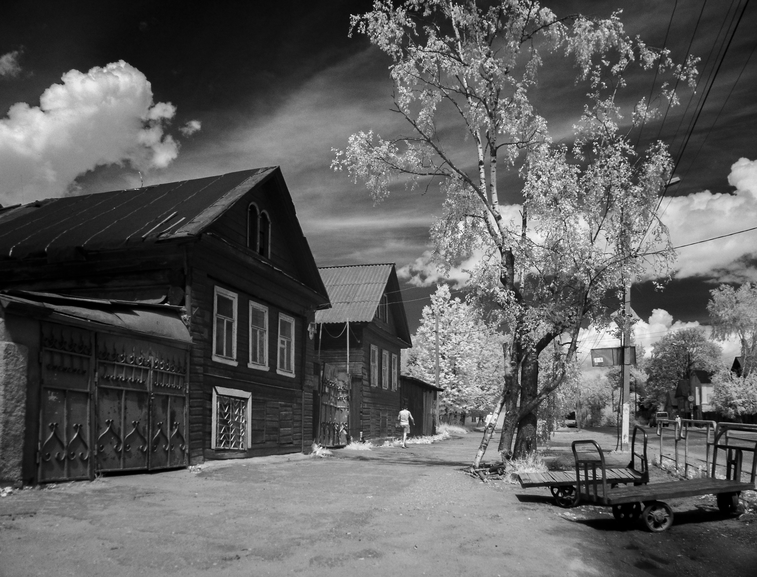Historic wooden houses under a dramatic sky, with a figure strolling amidst the serene landscape. The scene captures the essence of rural life in monochrome.