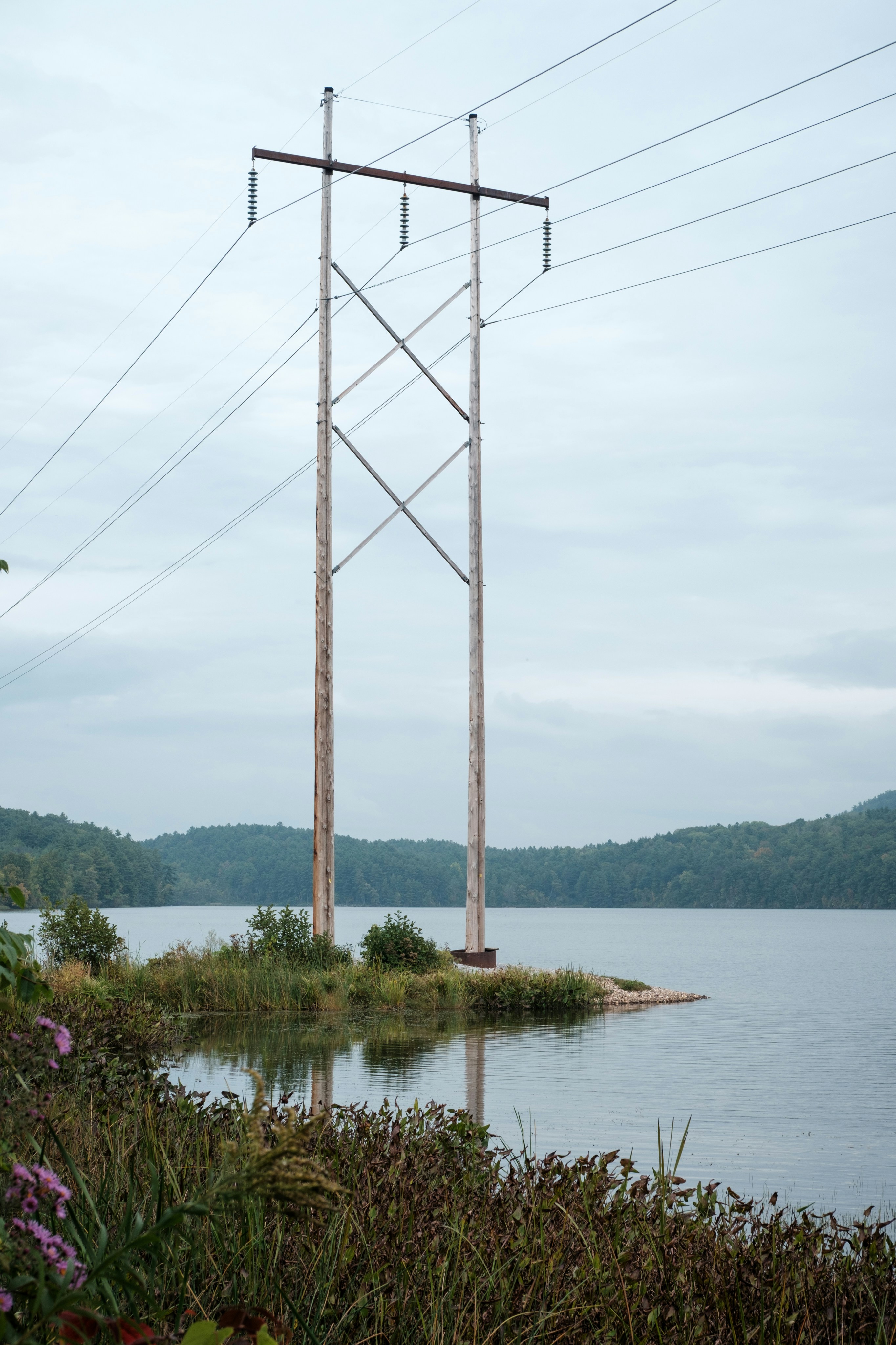 Tall power lines stand beside a calm lake.