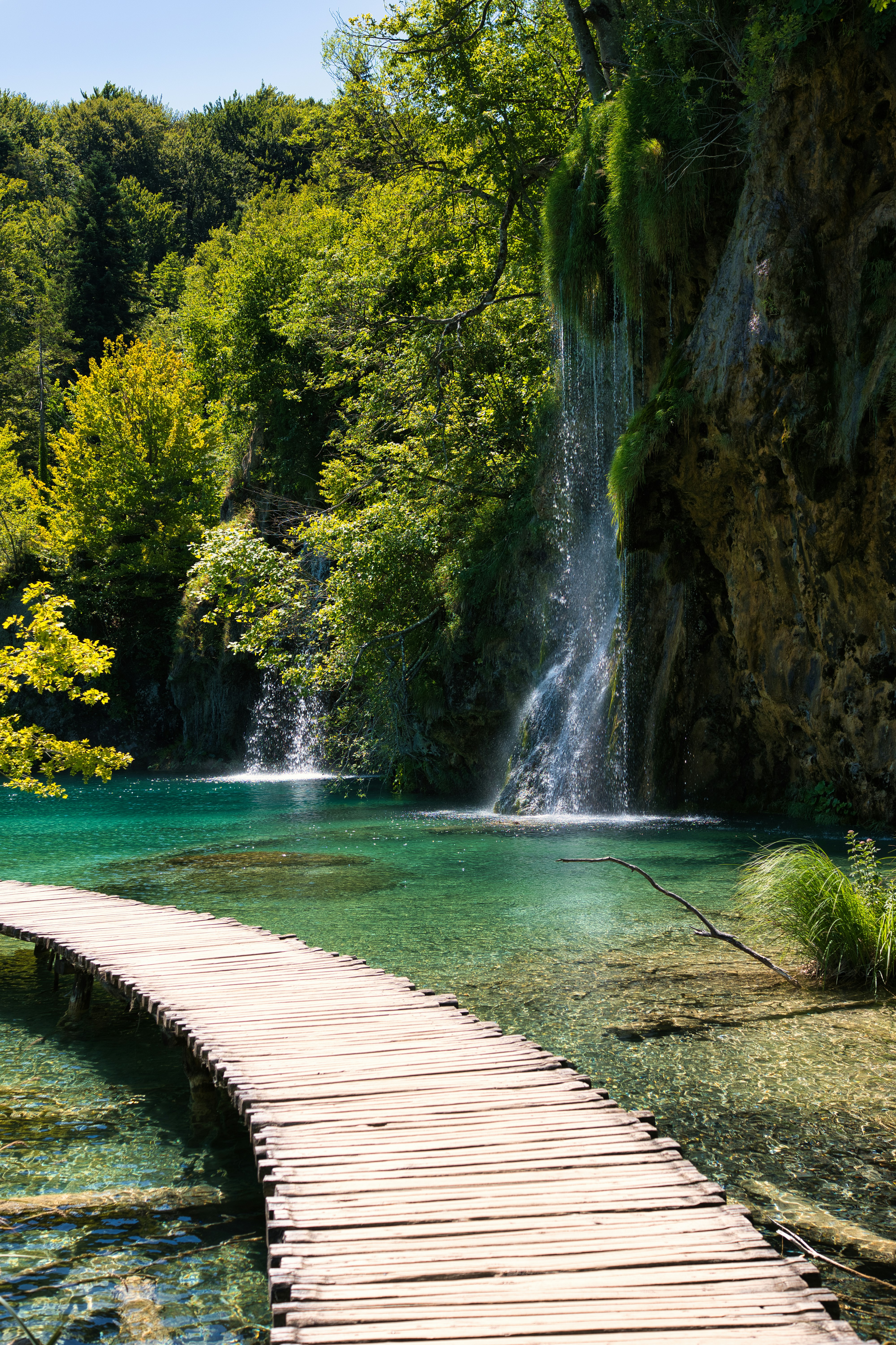 A wooden pathway meanders through vibrant greenery, leading to cascading waterfalls into a crystal-clear lake.