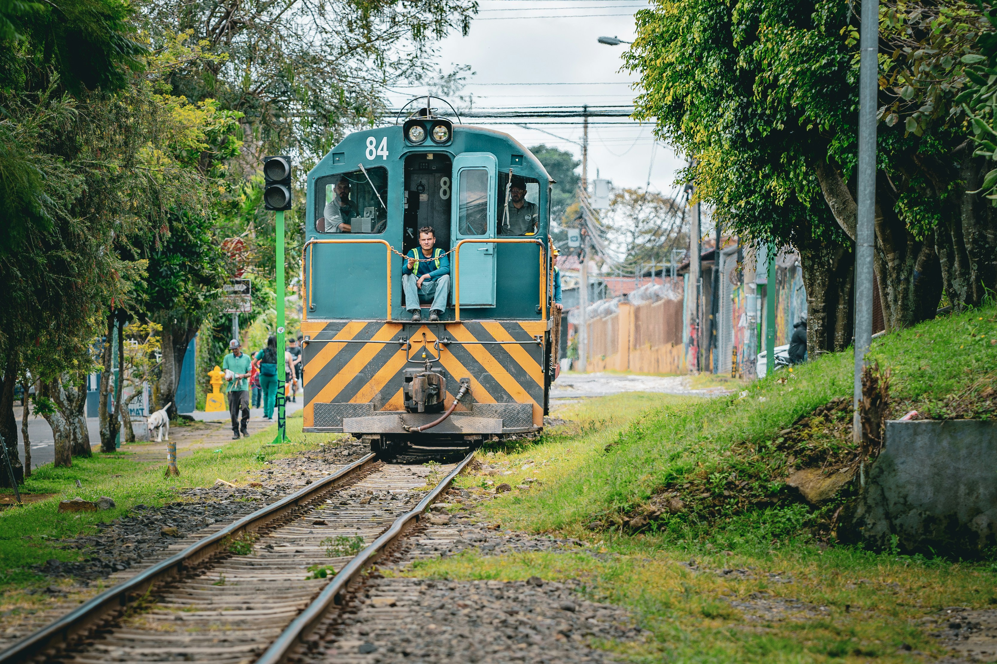 Front-on blue-green diesel locomotive at a leafy suburban platform.