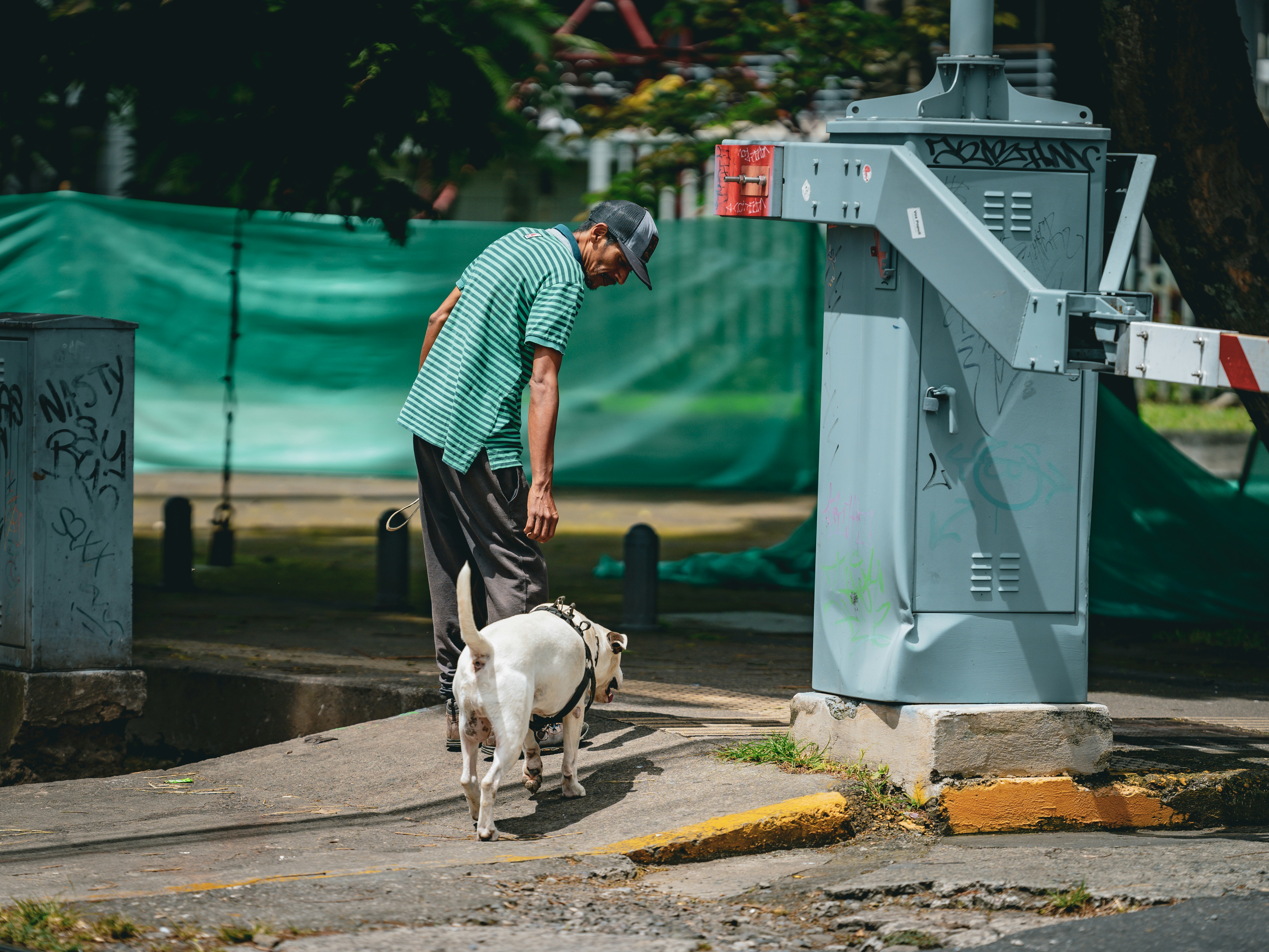 Par de una sesión de street photography en San Pedro, San José, Costa Rica | Man with dog near electrical box outdoors