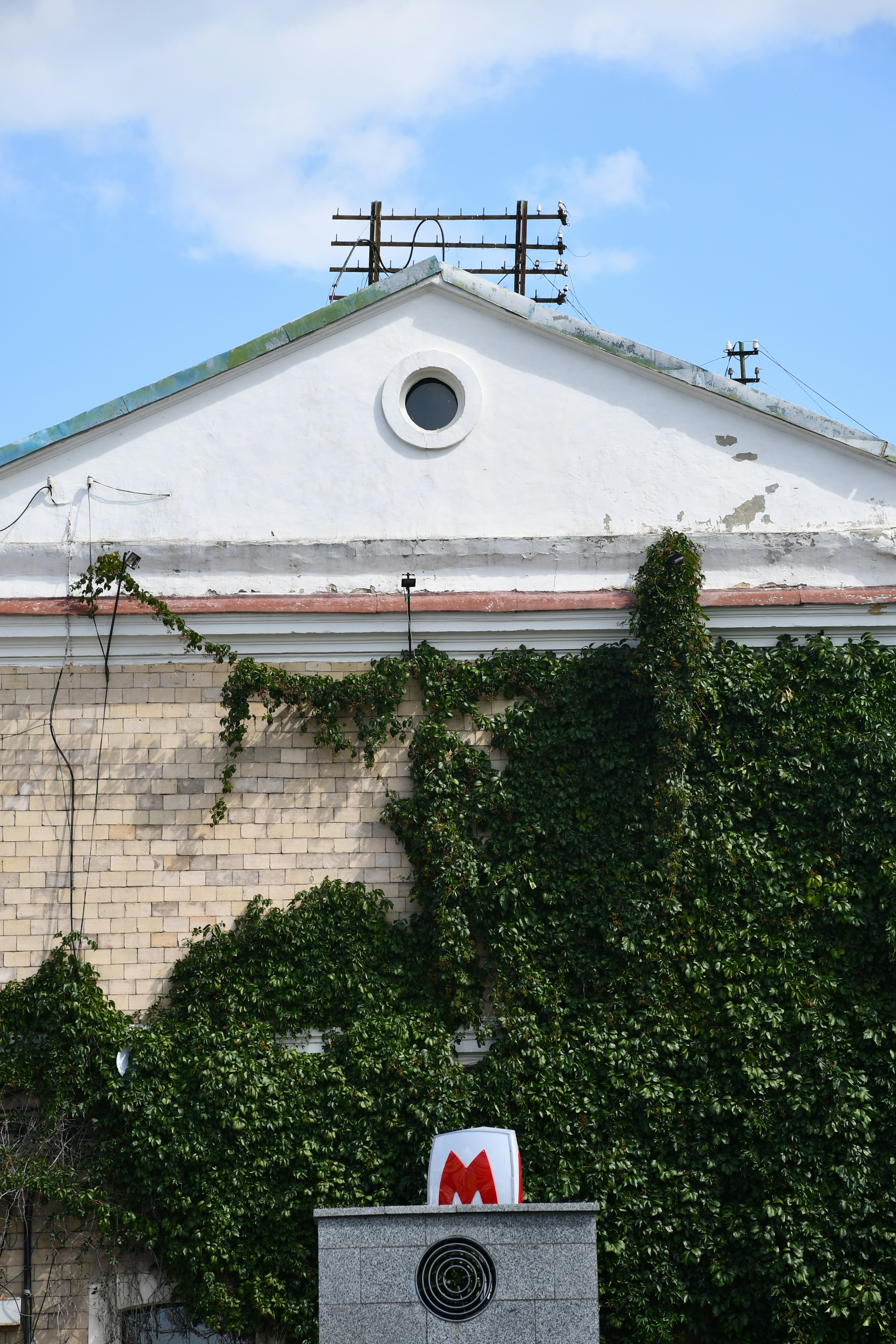 Circle in the Gable: Ivy-veiled Facade Under a Clear Sky