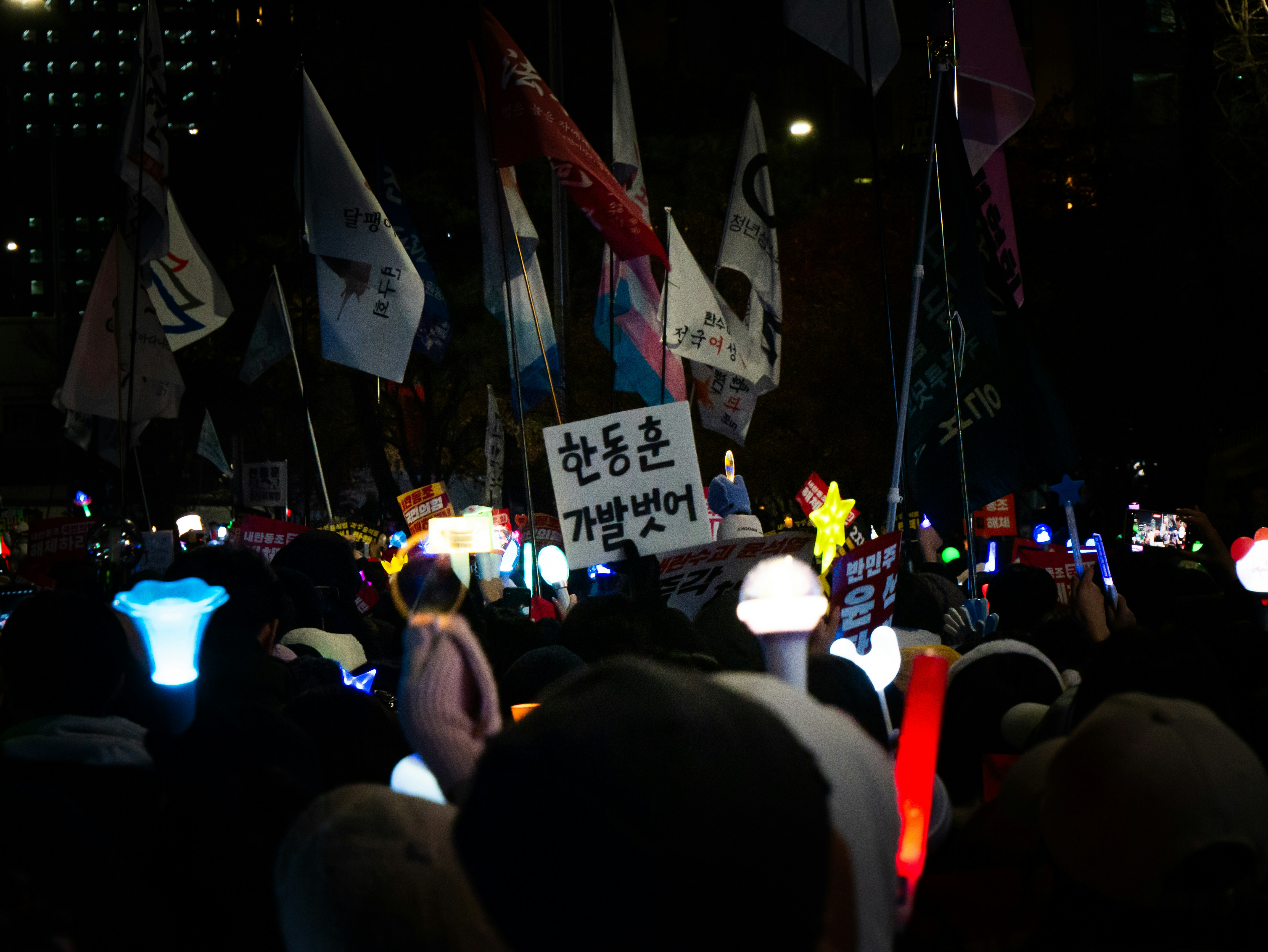 Nighttime protest scene filled with illuminated signs and flags, showcasing a diverse crowd united for a cause.