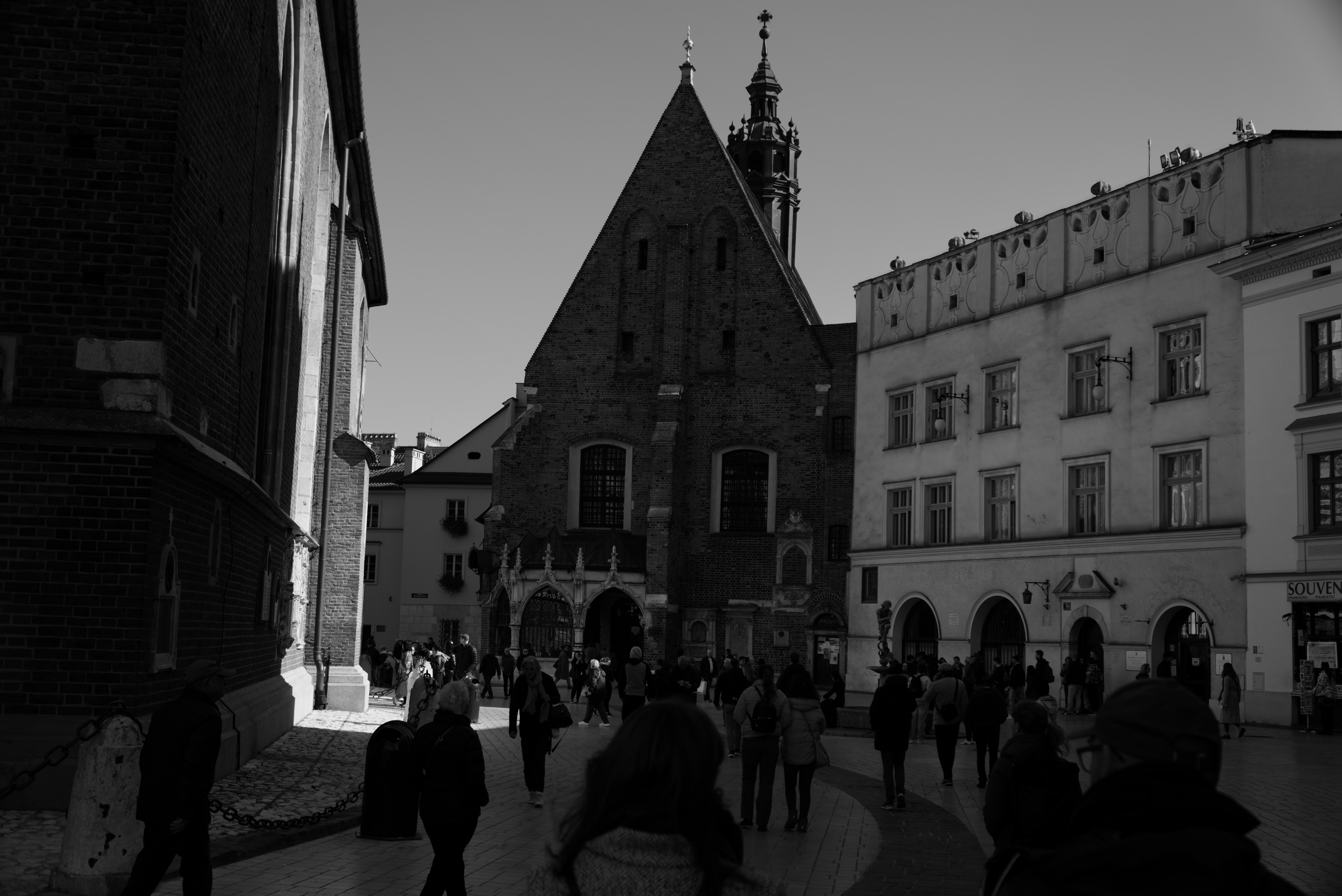 Historic architecture juxtaposed with bustling pedestrians in a lively urban square, captured in black and white.