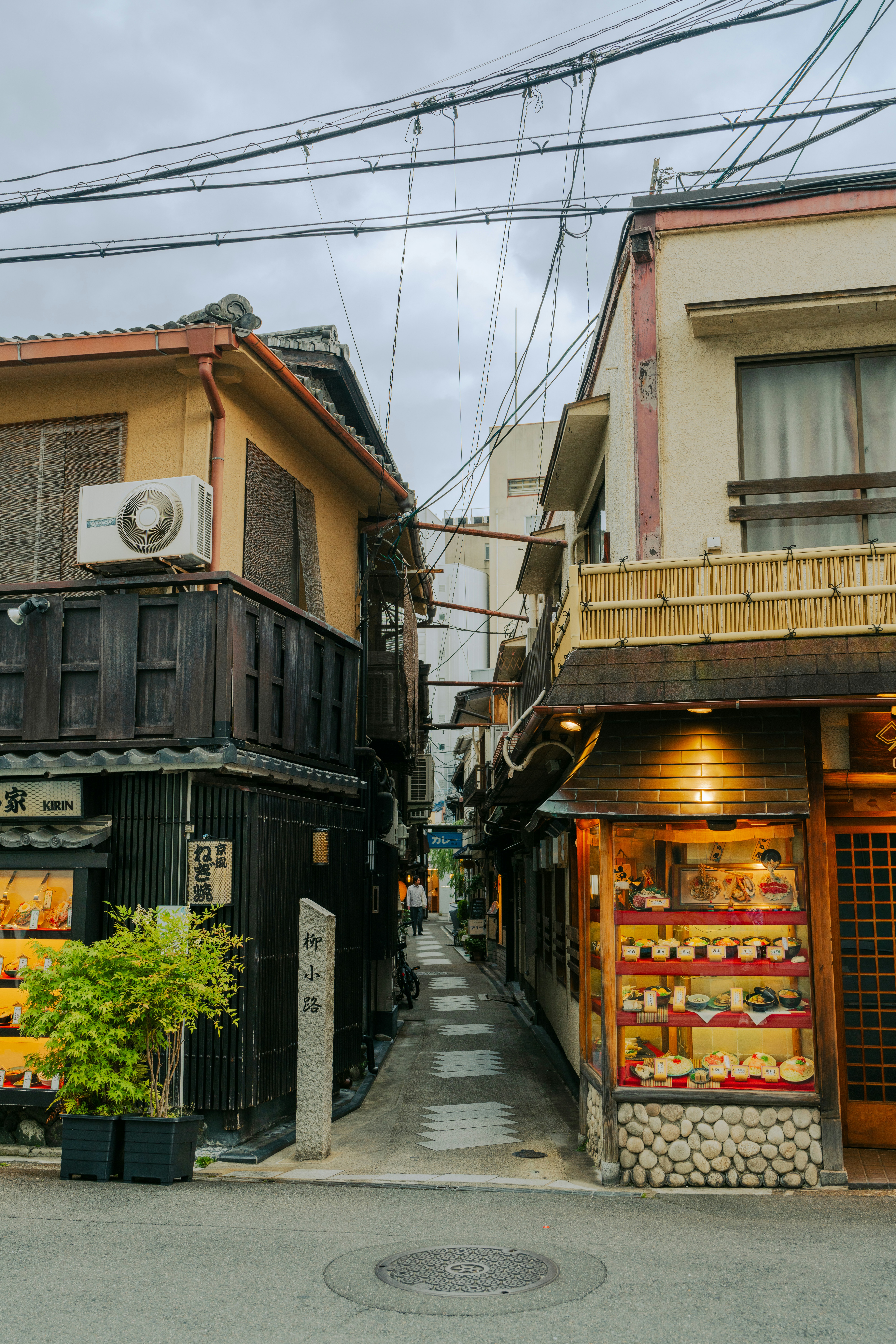 Charming alleyway flanked by traditional wooden buildings, showcasing local shops and vibrant greenery. The scene captures a serene moment in urban life.