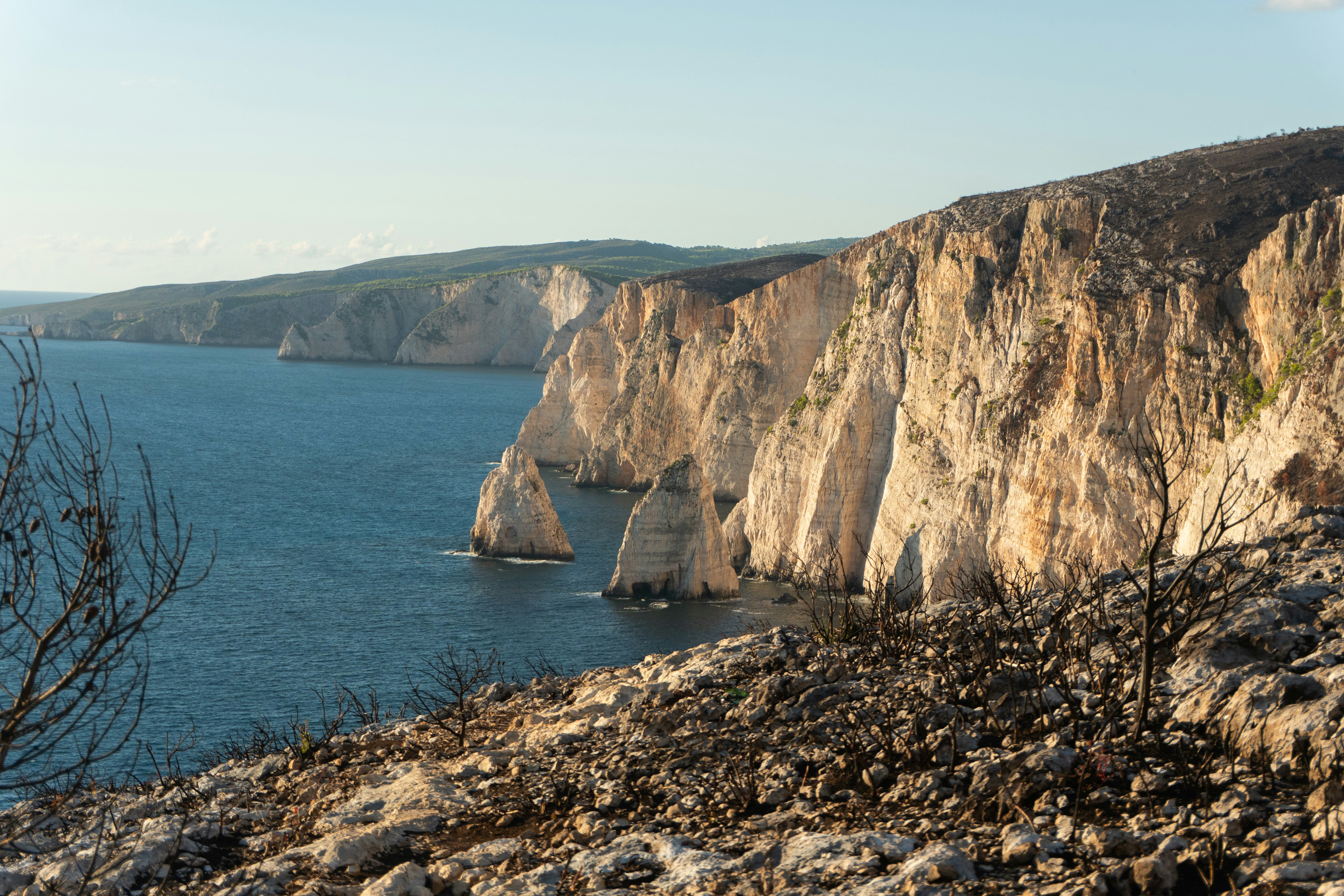 Majestic cliffs rise above a tranquil sea, showcasing the rugged beauty of nature's erosion. Charred remnants hint at a recent wildfire's impact.