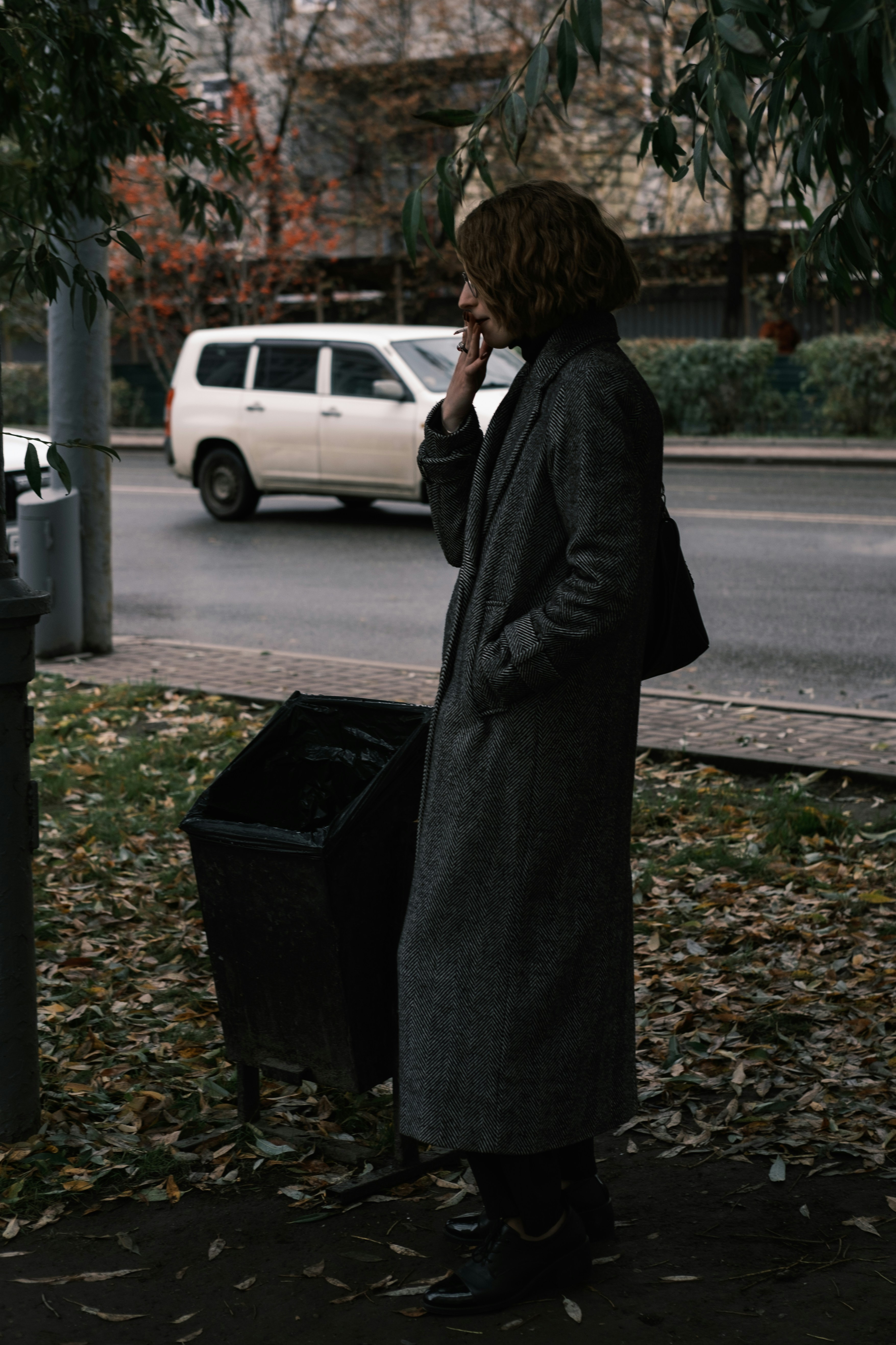 Woman in a long coat stands by a trash can, deep in thought, as a vehicle passes by on a leaf-strewn street.