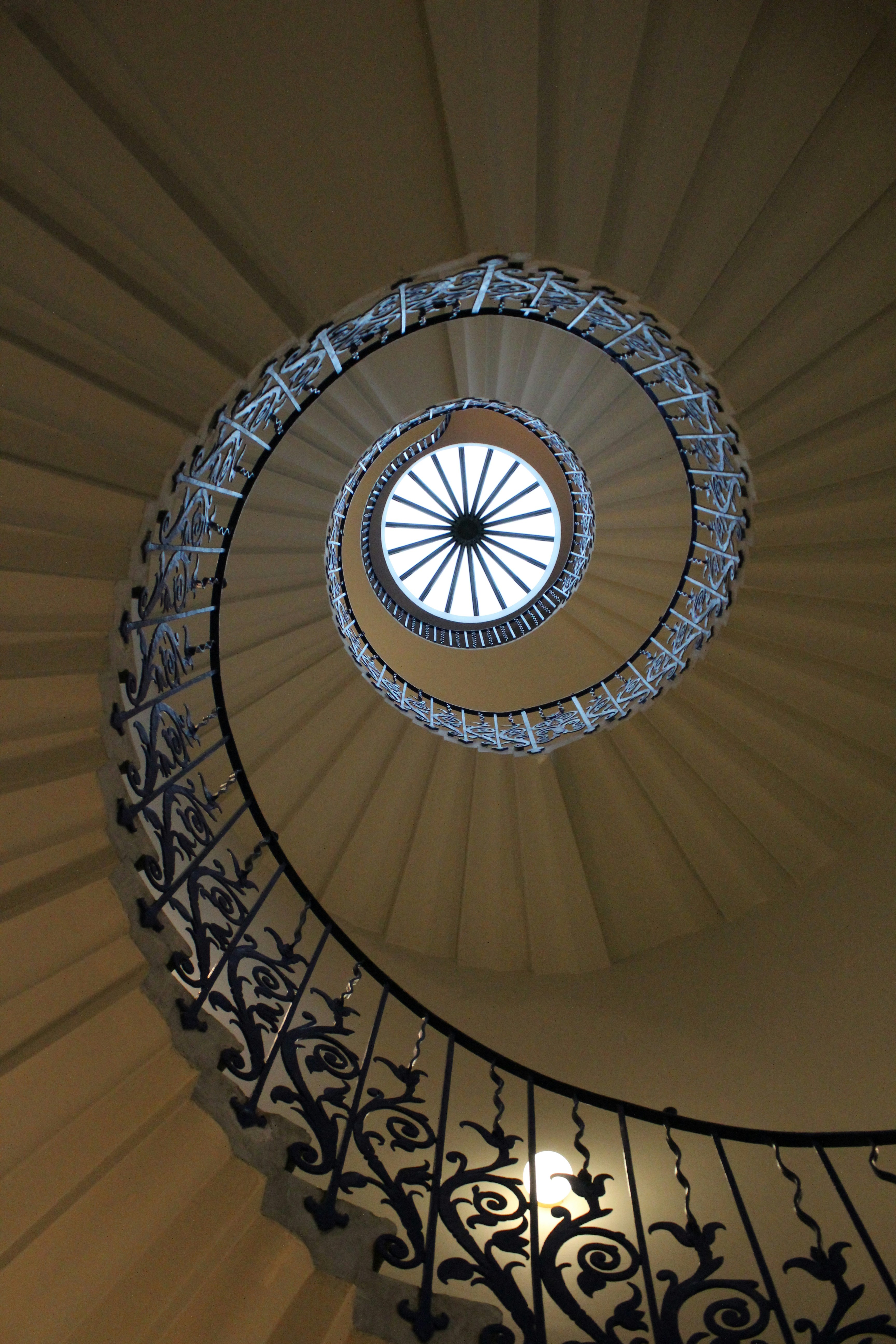 Elegant spiral staircase with ornate railing ascends upwards.