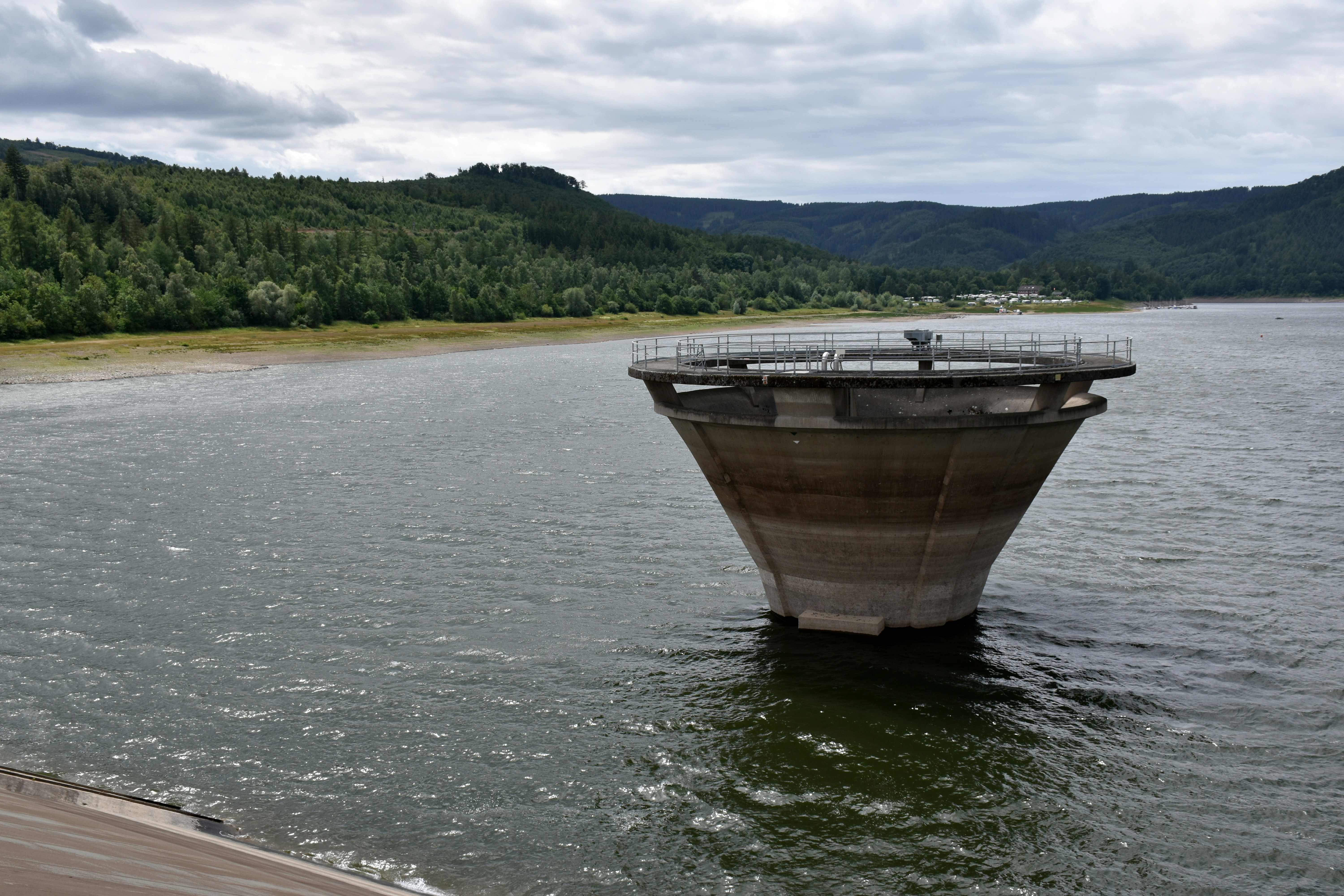 An artificial lake (Germany - water management) | Concrete structure in a large body of water