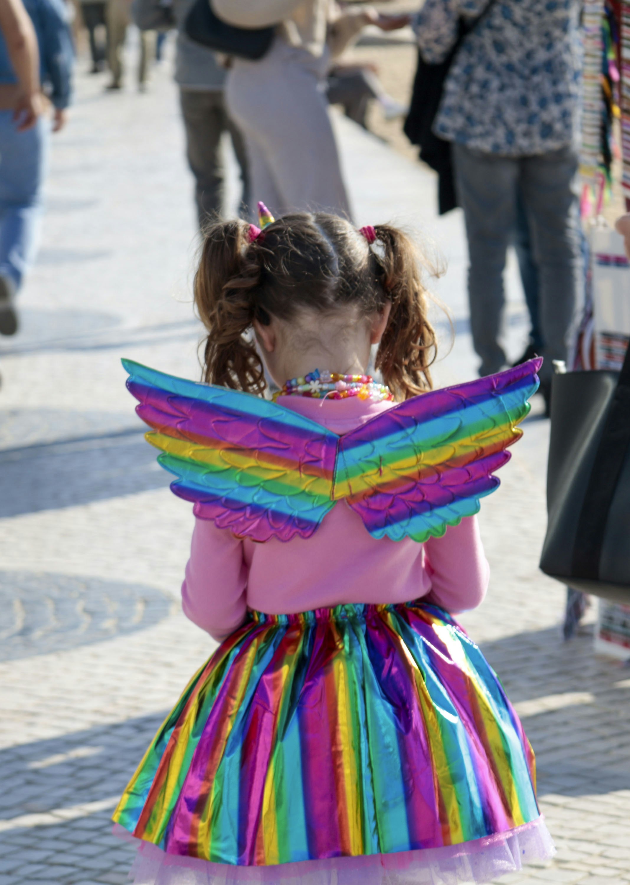 Young girl in rainbow wings and skirt