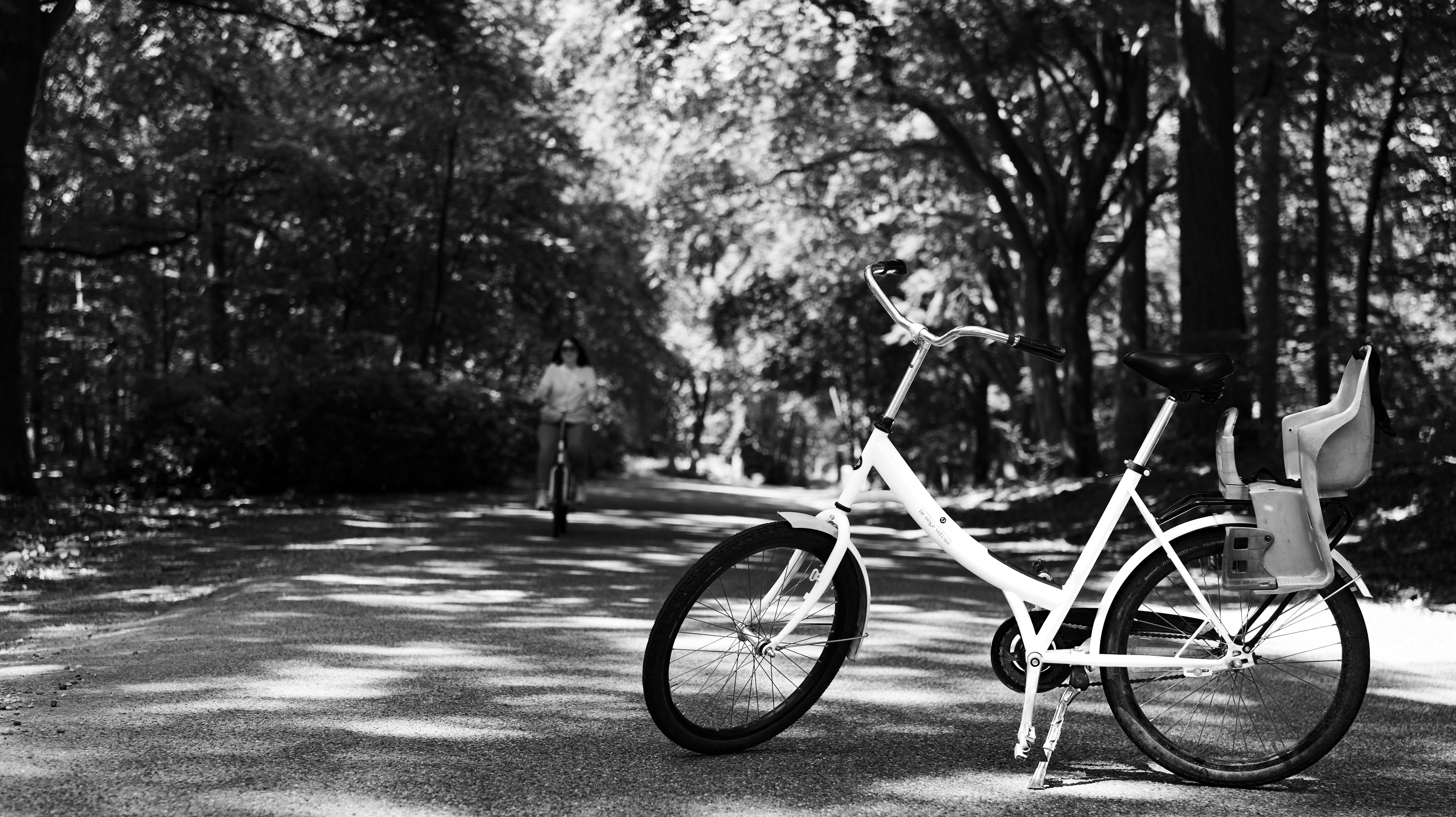 A white bicycle with a child seat stands on a quiet, tree-lined path while a cyclist approaches in the background. The scene is rendered in black and white, emphasizing the play of light and shadow.
