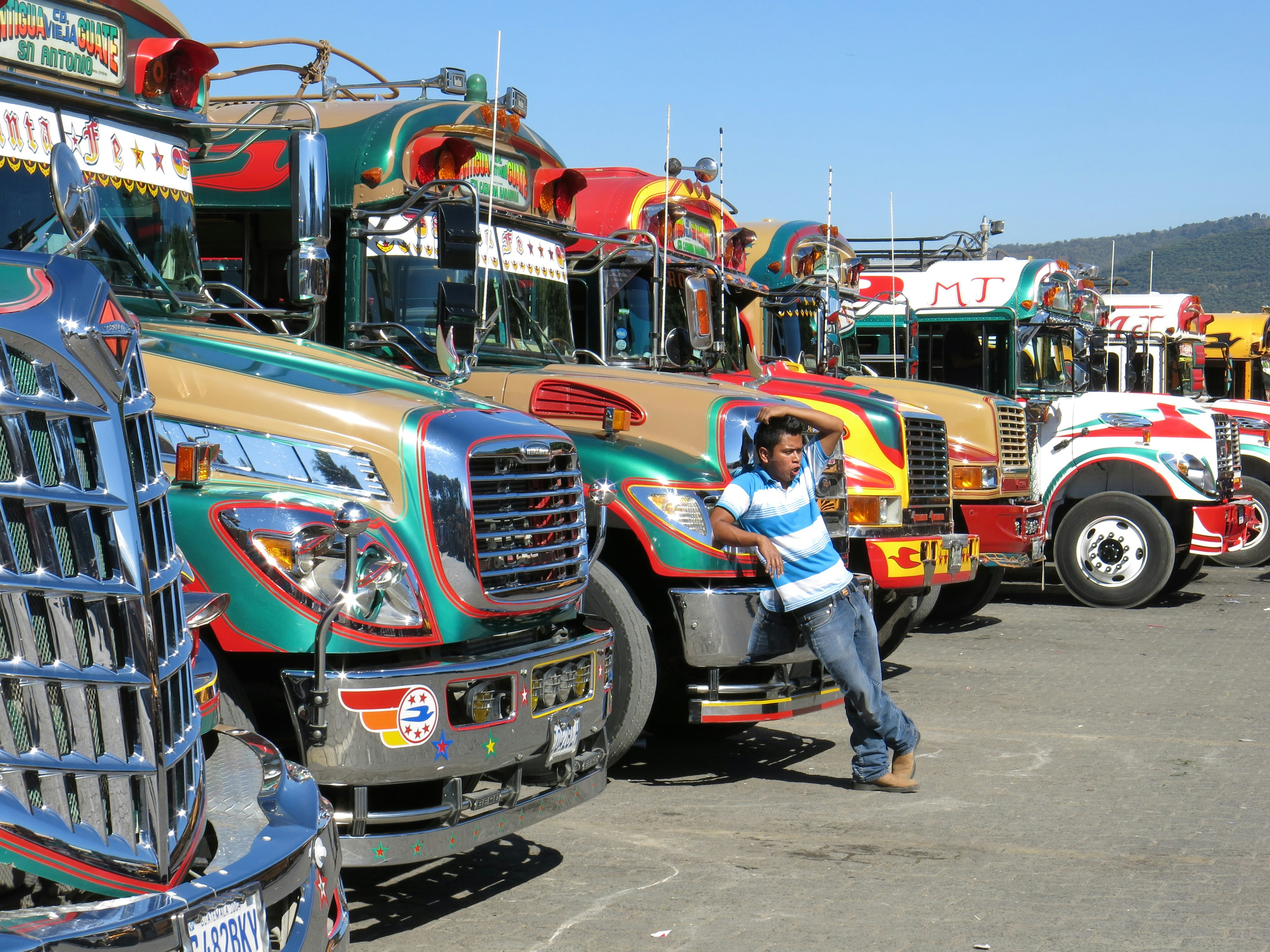 Colorfully decorated trucks lined up at a depot, with a man leaning against one, showcasing the lively transport culture.