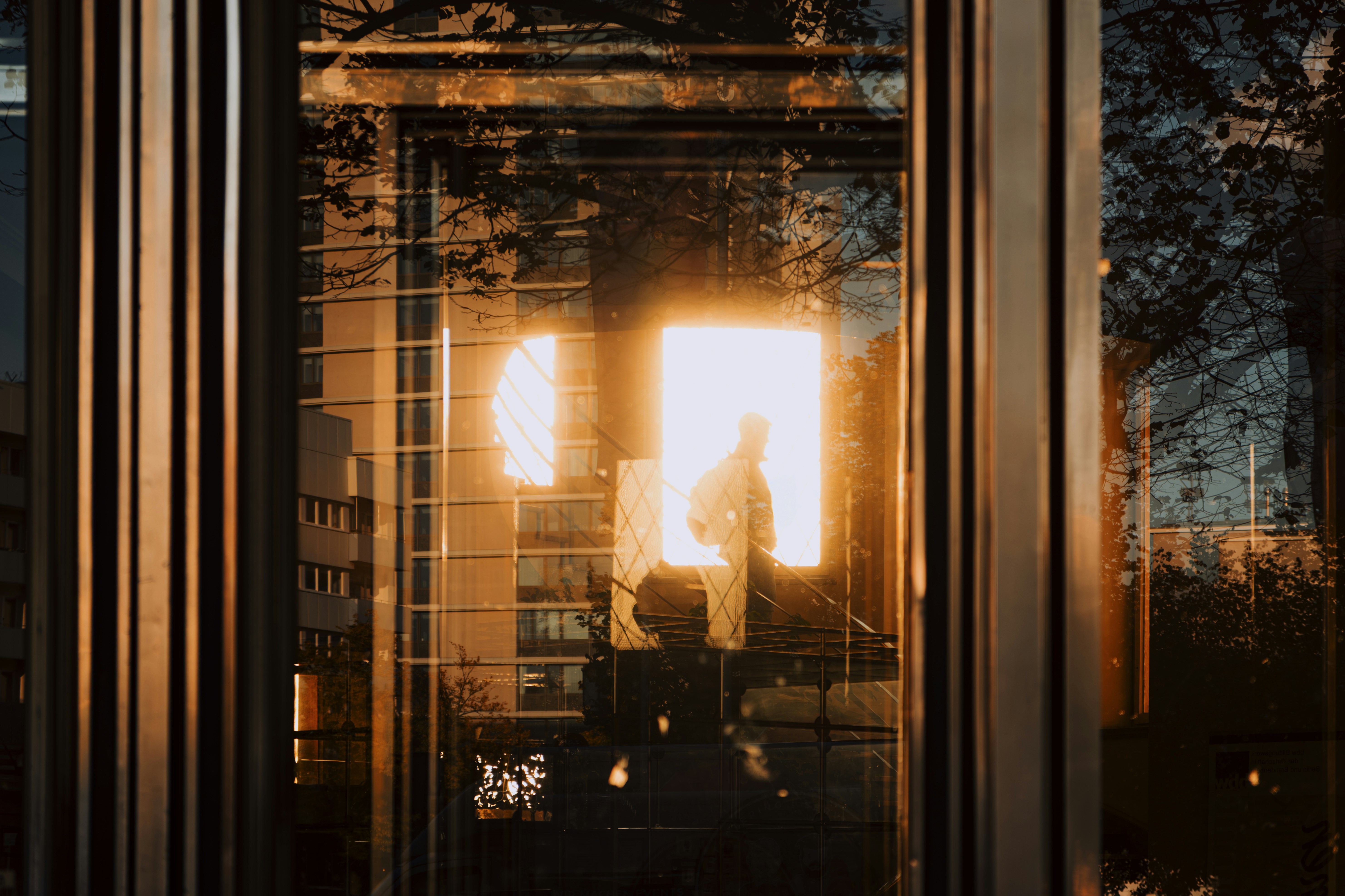 A warm glow from a building's reflective surface captures a solitary figure, blending architecture with fleeting moments of human presence.