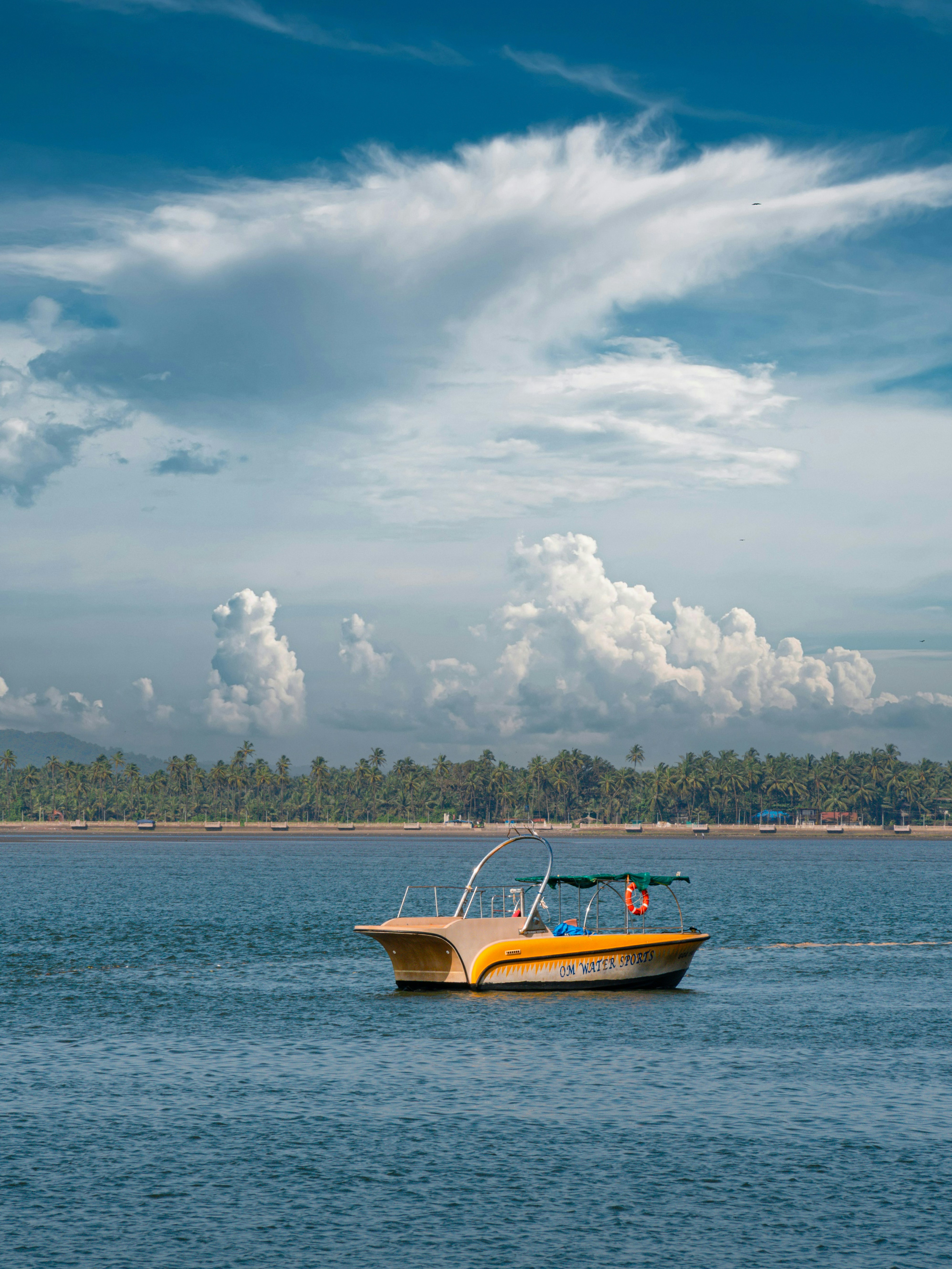 A vibrant boat gliding across calm waters under a vast sky filled with fluffy clouds, framed by lush palm trees in the background.